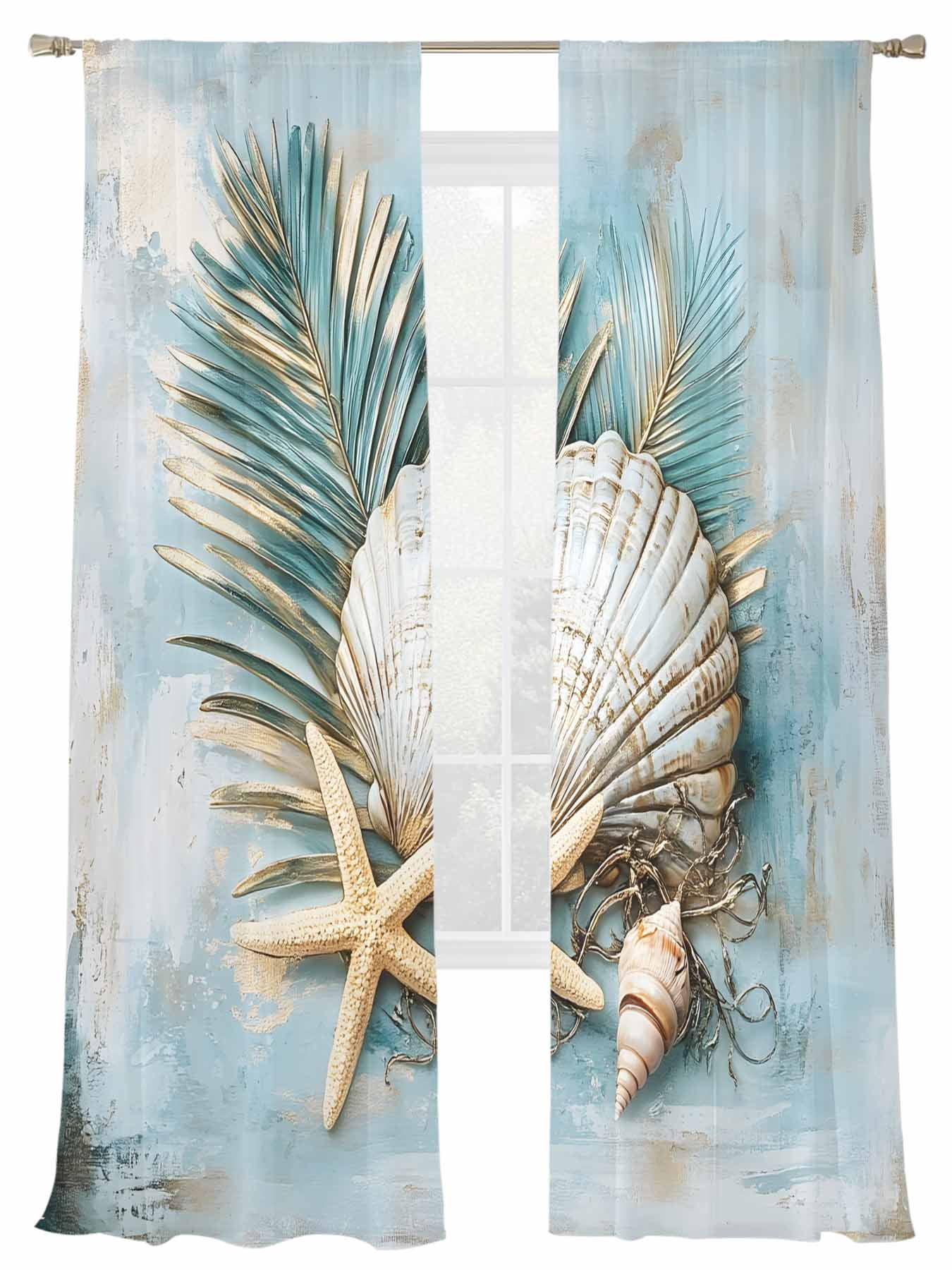 Shell Palm Leaf Sheer Curtains 96 Inch Long 2 Panels, Starfish Ocean ...