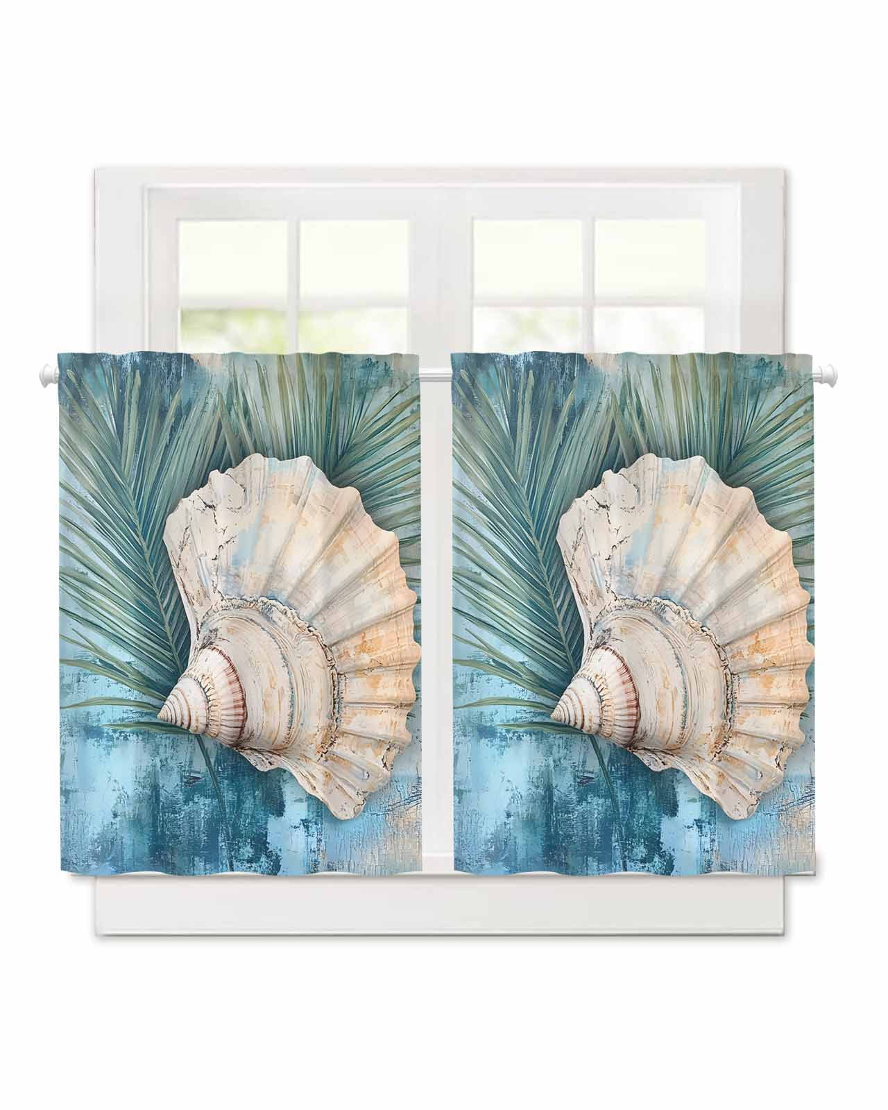 Shell Palm Leaf Short Blackout Curtains 36 Inch Long Ocean Conch Blue ...