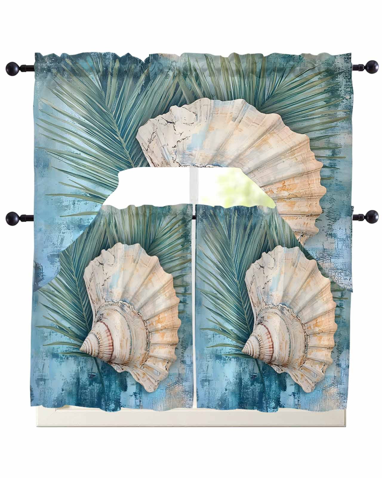 Shell Palm Leaf Swag Valance and Tier Curtains Set Ocean Conch Blue ...