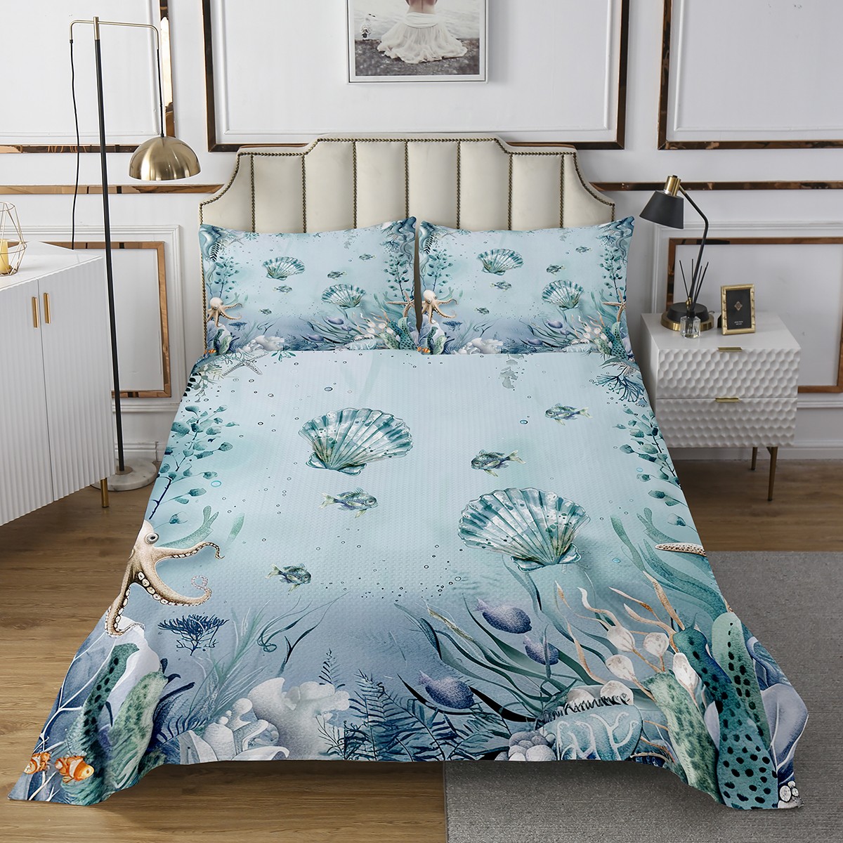 Shell Quilt Set Teal Blue Ocean Beach Coastal Twin Bedspread Set ...