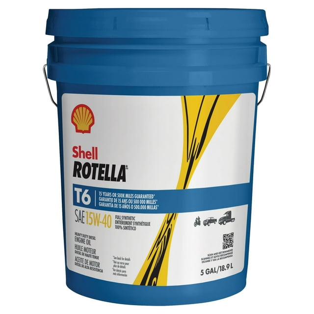 Shell Rotella T6 Full Synthetic 15W-40 Diesel Engine Oil, 5 Gallon ...