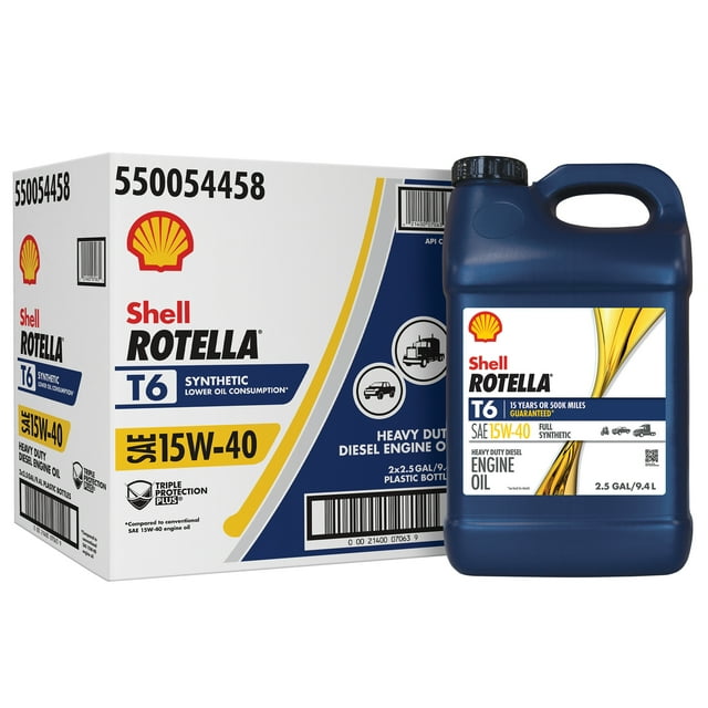 Shell Rotella T6 Full Synthetic 15W-40 Motor Oil, 2.5 Gallon (2 Pack ...