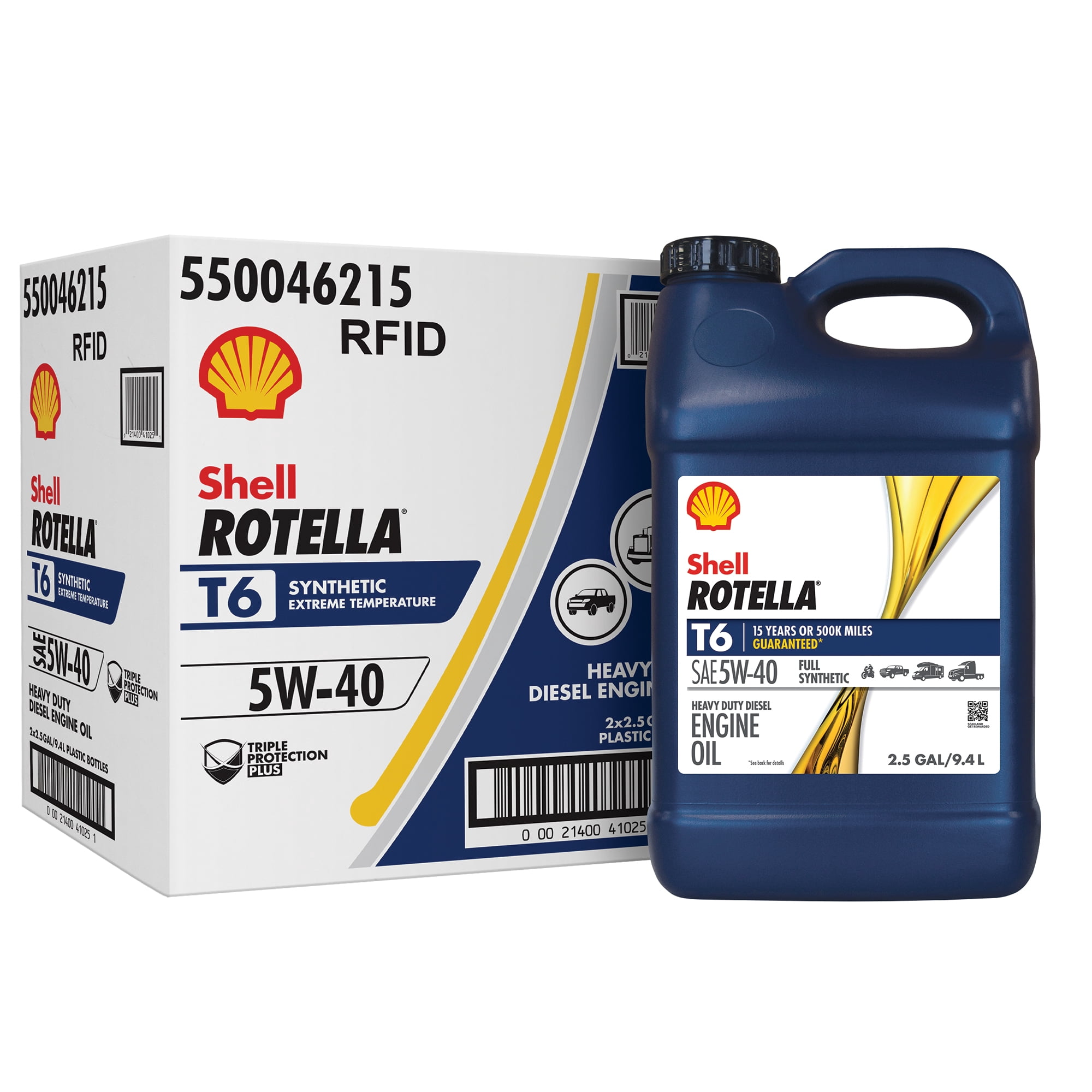 Shell Rotella T6 Full Synthetic 5W-40 Diesel Engine Oil, 2.5 Gallon (2 ...