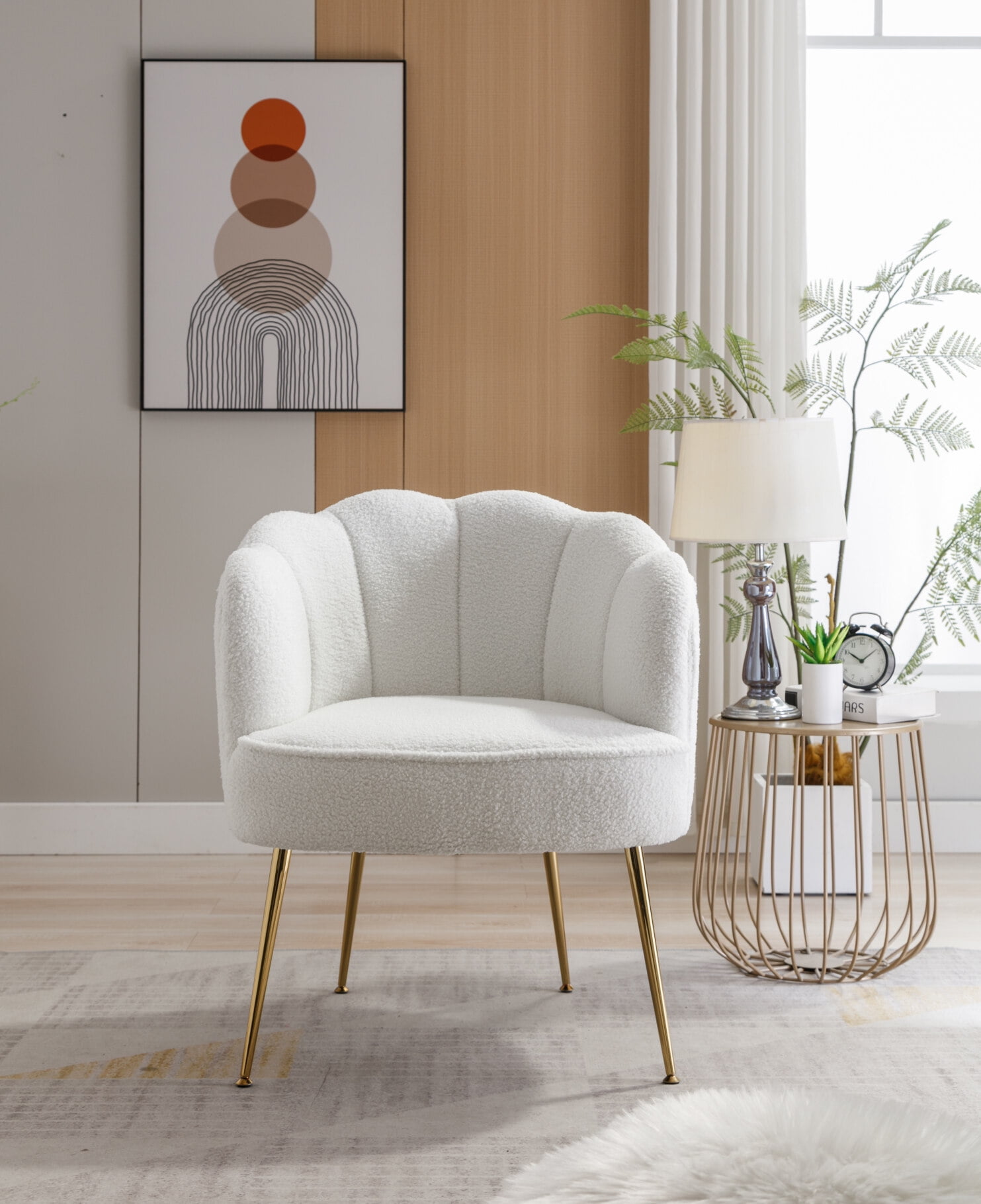JINS & VICO White Shell Shape Chair, Gold Legs, Teddy Wool Fabric ...