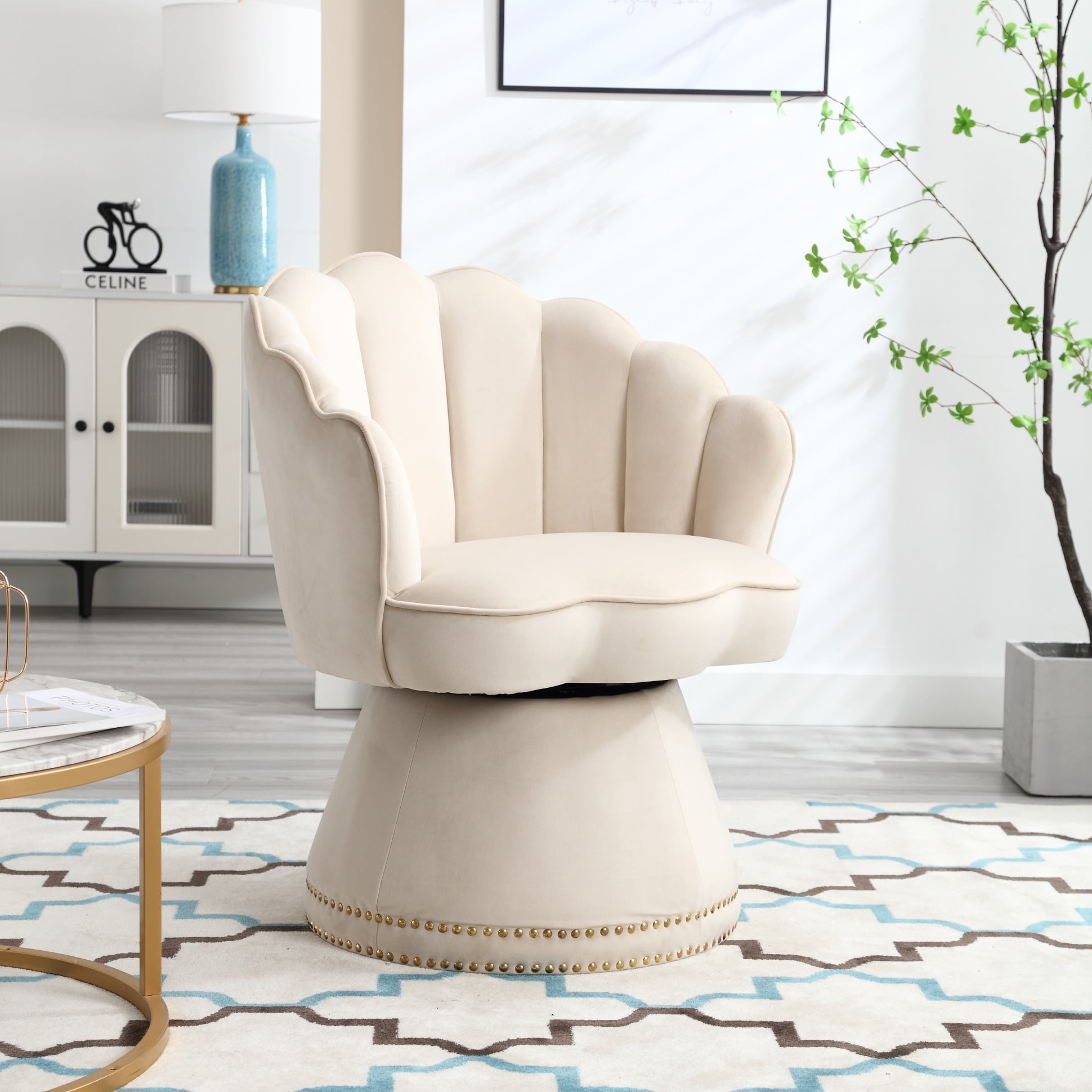 Shell Shape Swivel Barrel Chair with Rivet Finish Base, Comfy Round ...
