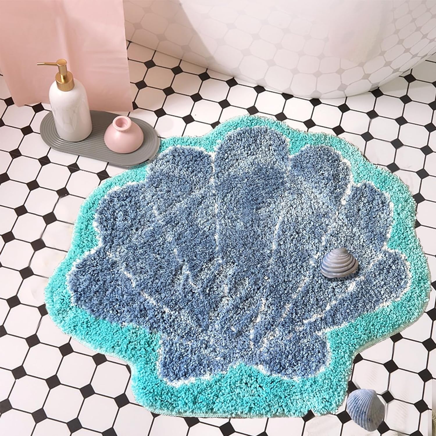 Shell Shaped Bathroom Rug, Ocean Natural Seashell Bath Mat Gifts, Aqua ...