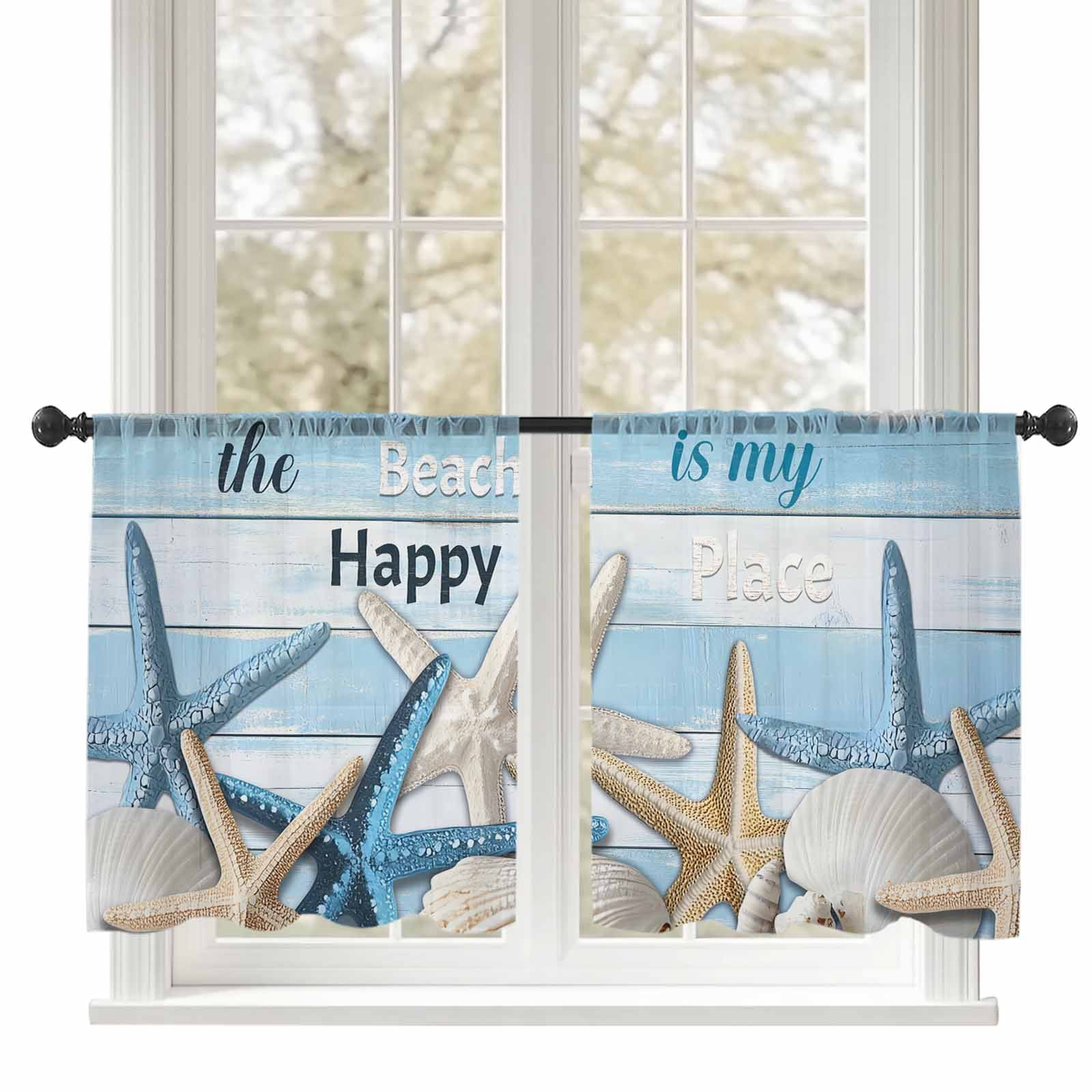 Shell Starfish Sheer Curtains 2 Panels Set, The Beach Is My Happy Place ...