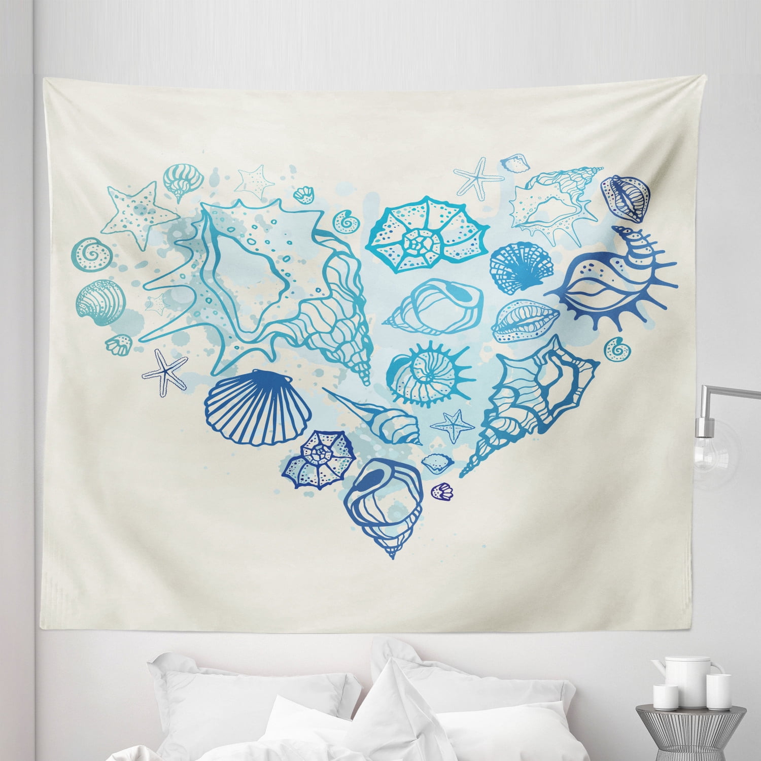 Shell Tapestry, Blue Tones Grunge Heart Shape with Various Seashells ...