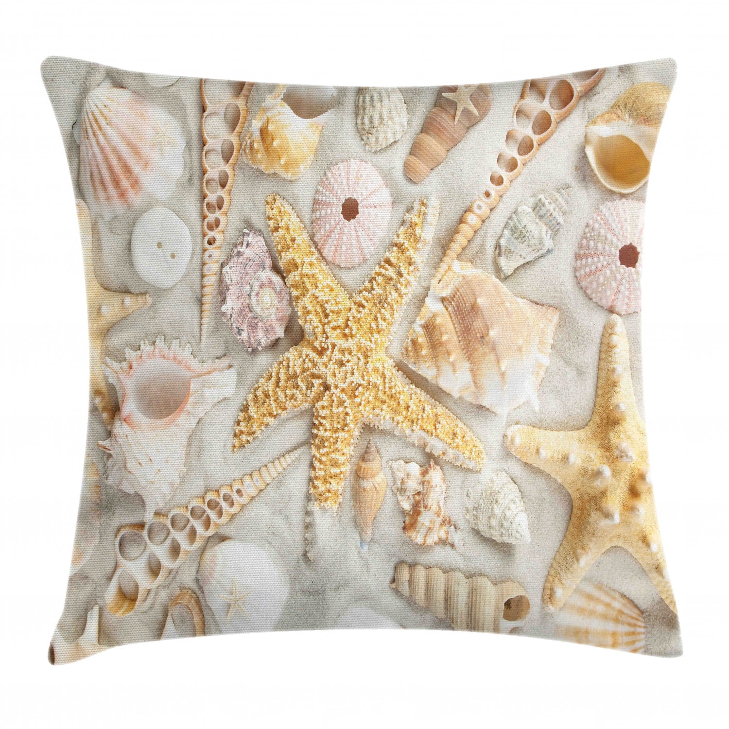 Shell Throw Pillow Cushion Cover, Assorted Seashells in Sandy Beach ...