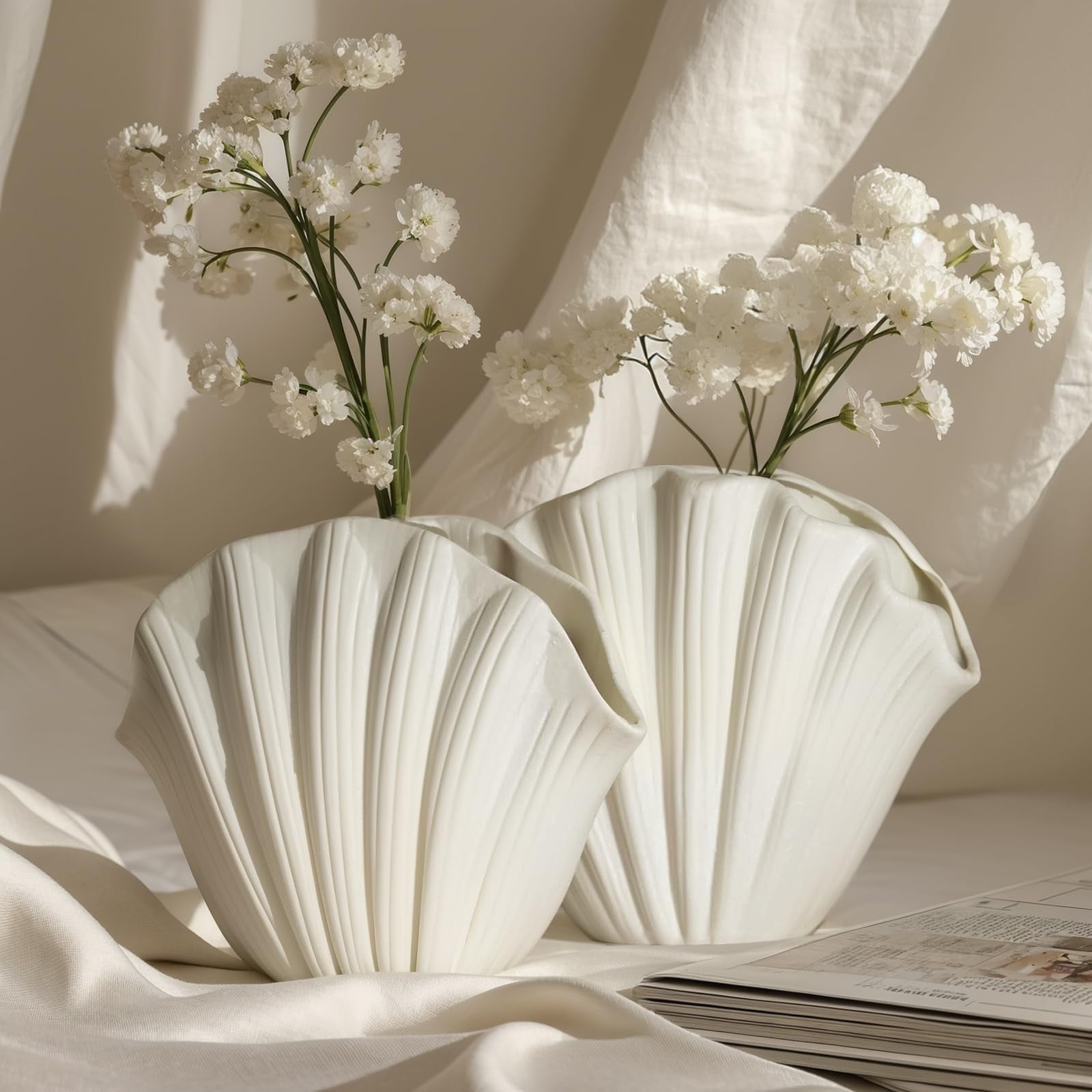Shell Vase Set of 2 - White Seashell Vase Ceramic Shell Planter for ...