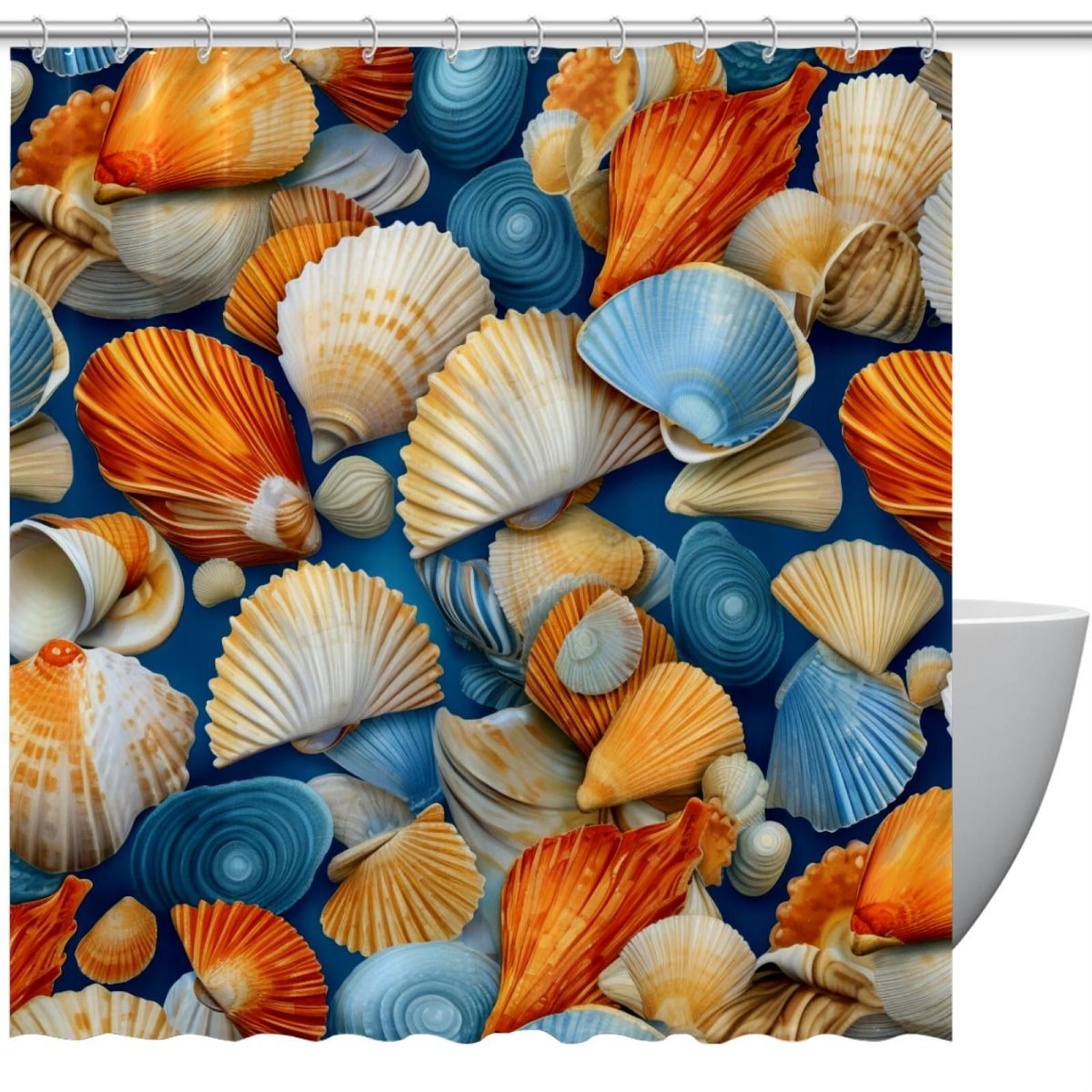 Shell Waterproof Shower Curtain Set with Hooks and Printed Design ...
