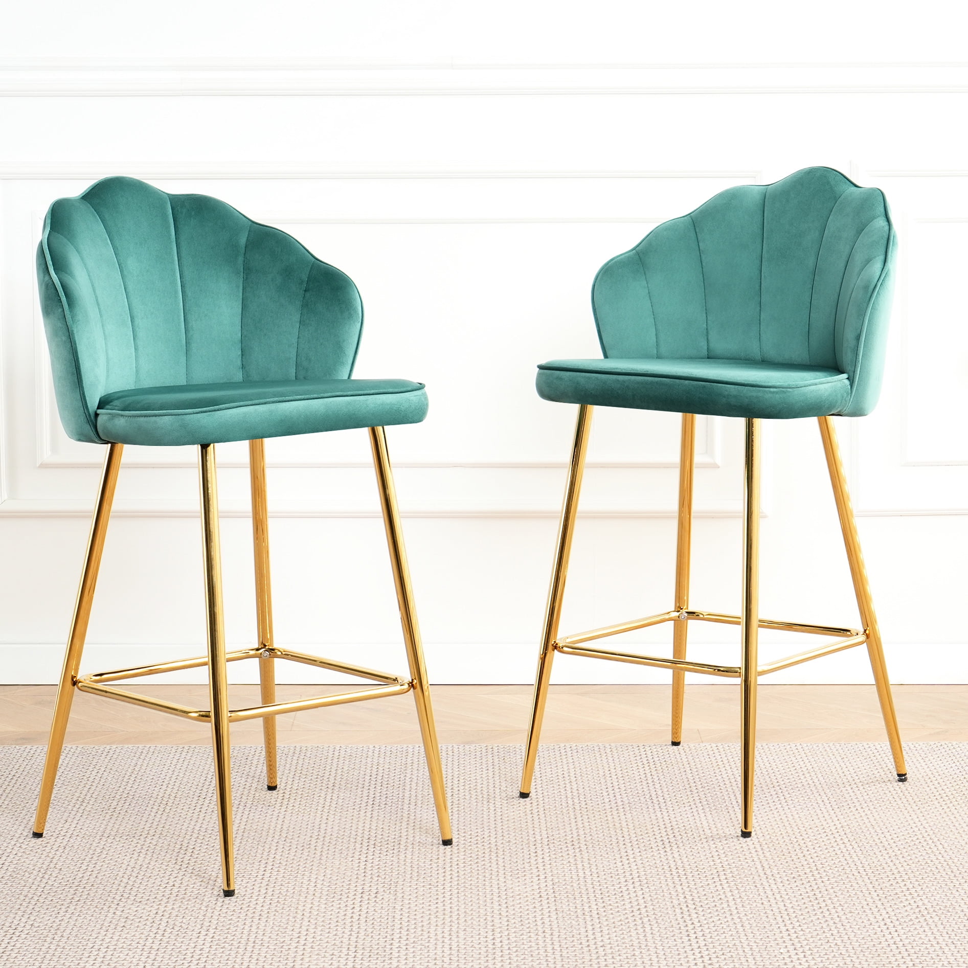 Shell-shaped Velvet Bar Chair (2 Units) With Gold- Metal Legs. For ...
