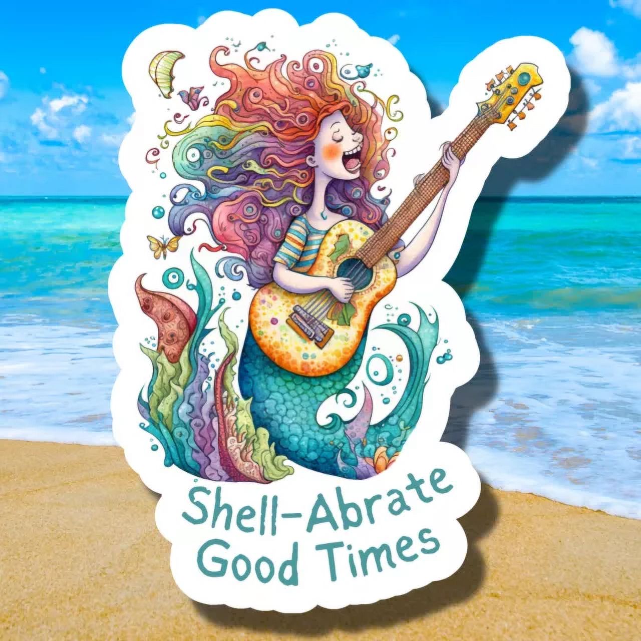 Shellabrate Singing Mermaid Guitar Music Song Pun Sticker Phone Decal ...