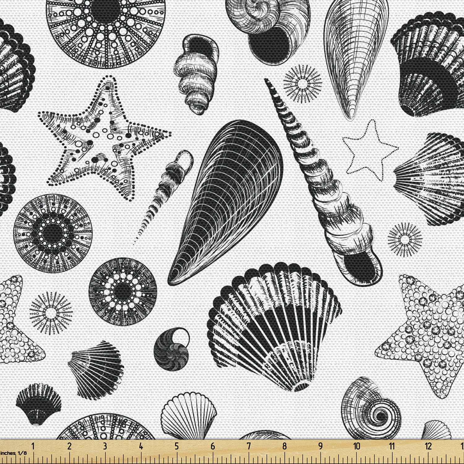 Shells Fabric by the Yard Upholstery, Black and White Design Hand Drawn ...