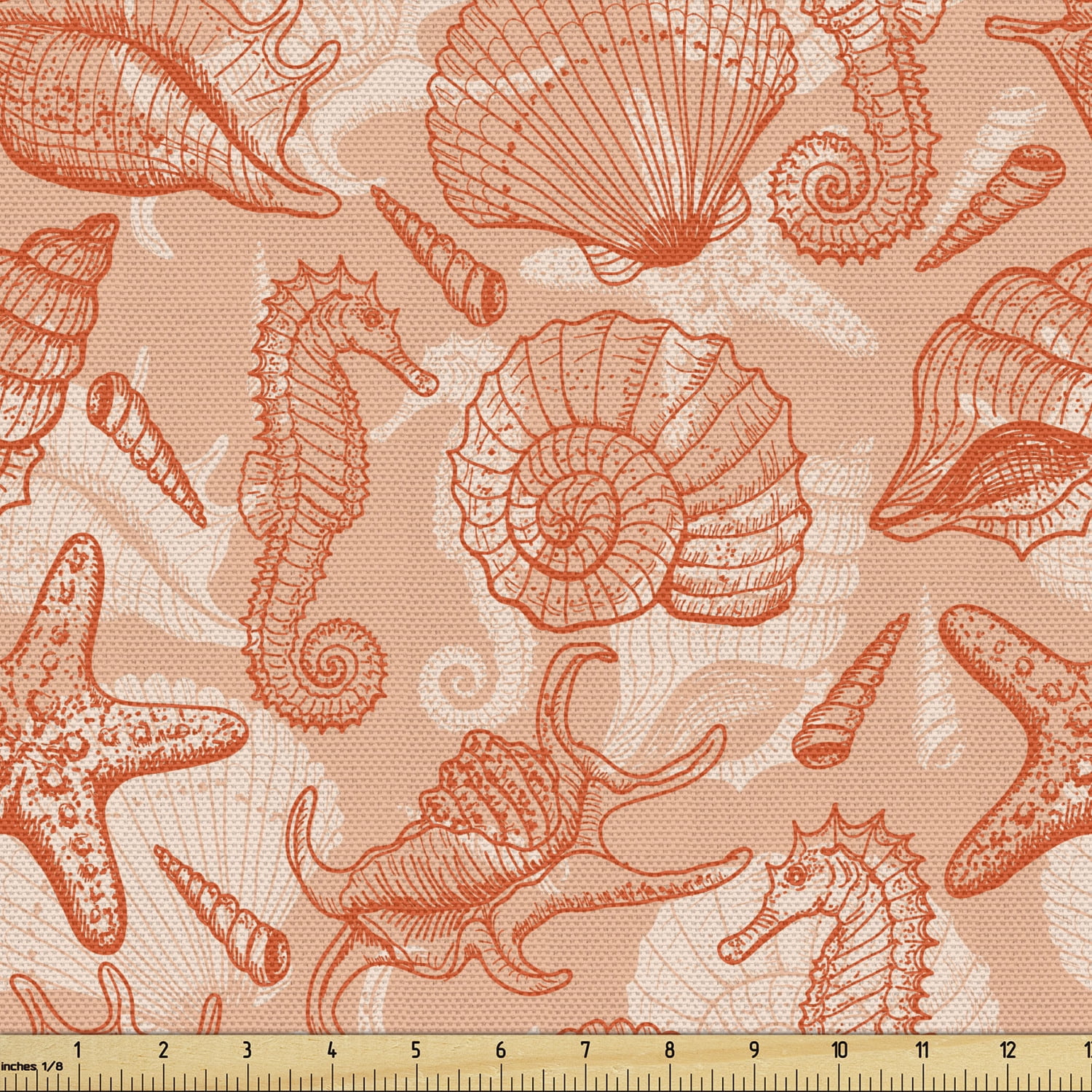 Shells Fabric by the Yard Upholstery, Sketched Warm Colored Seahorse ...