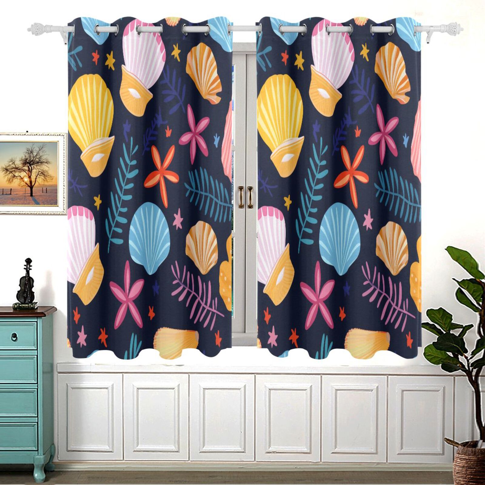 Shells Leaves Flowers Black Out Curtains Aesthetic for Bedroom Living ...