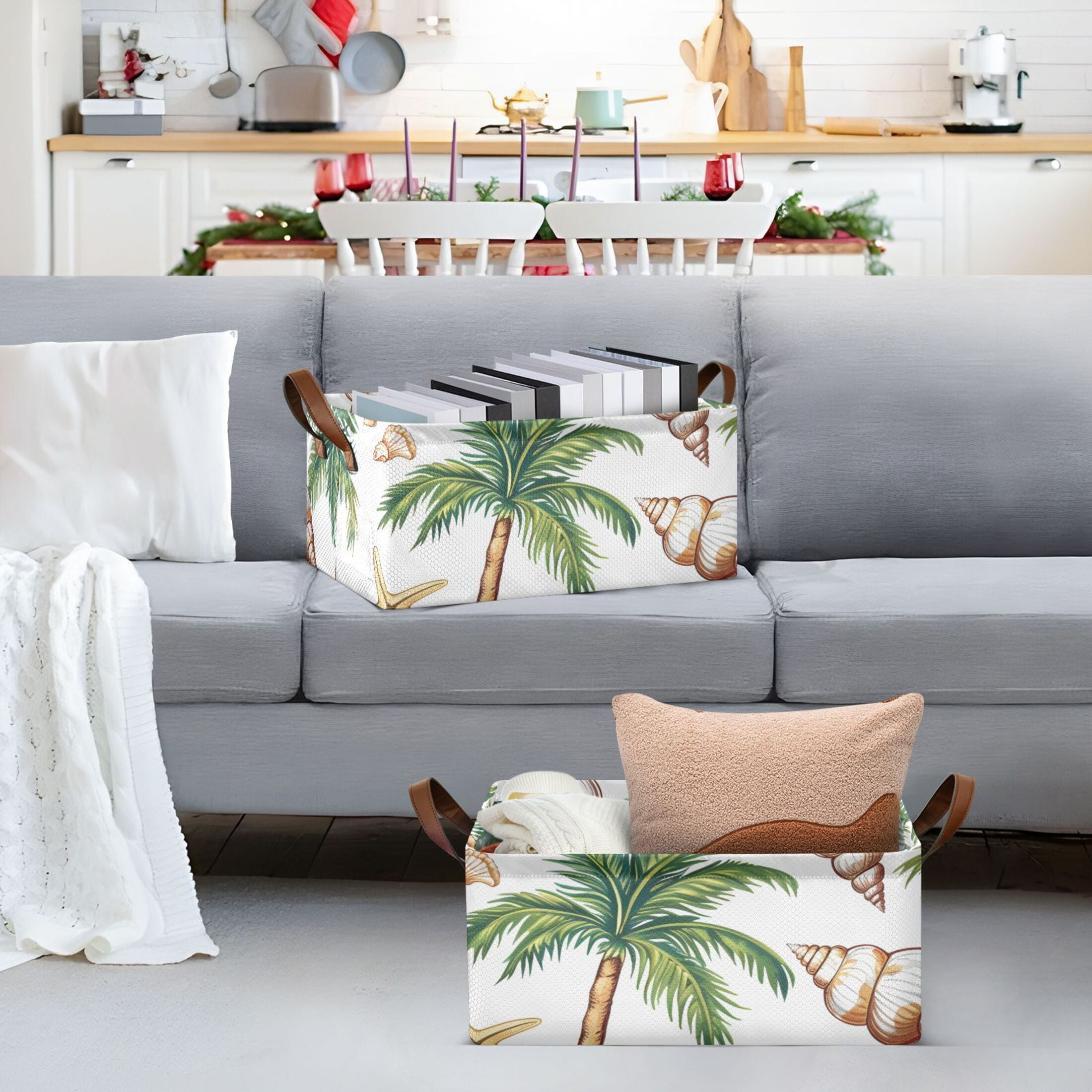 Shells Palm Trees Storage Bins with Handles Foldable Storage Baskets ...