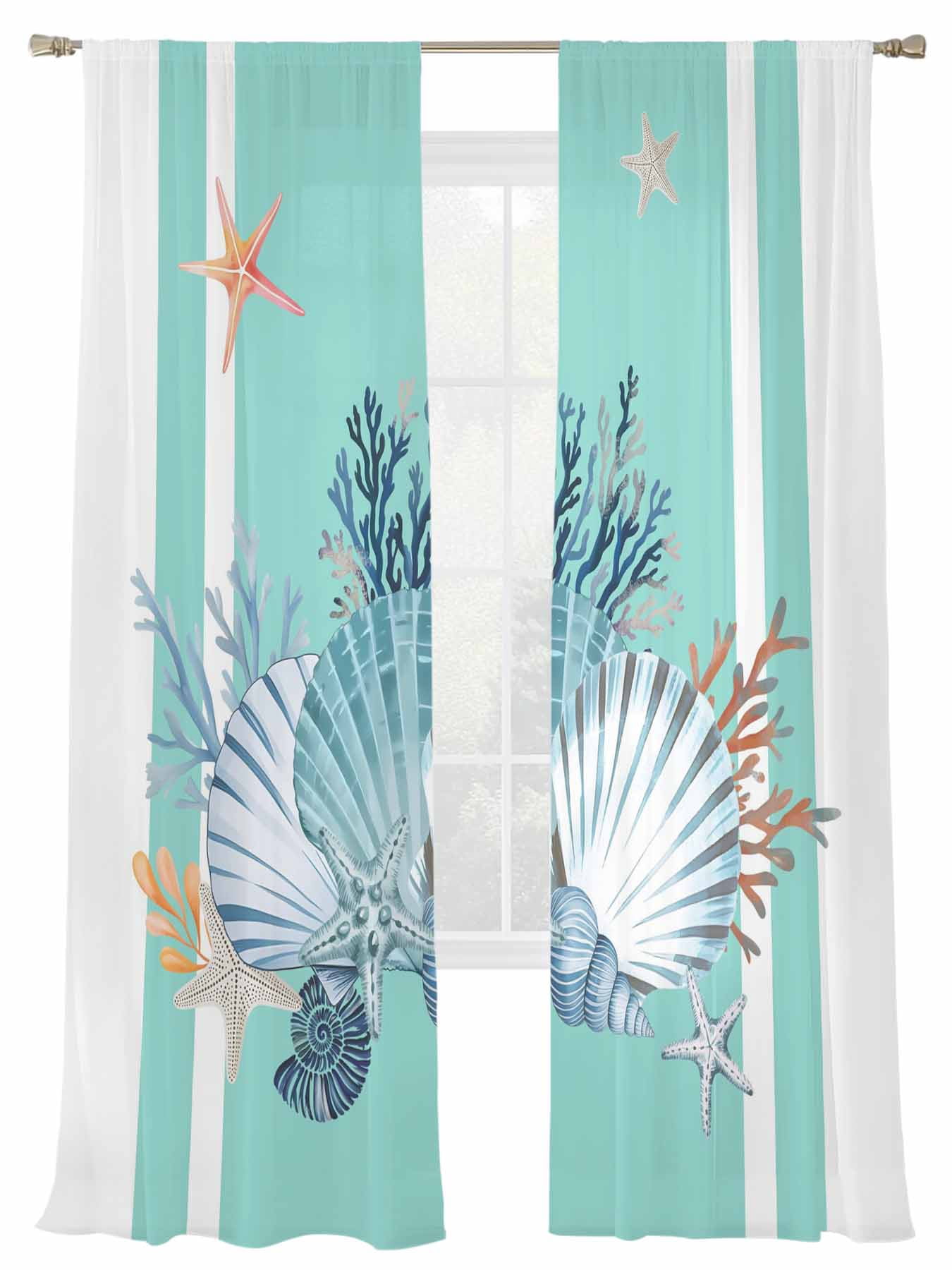 Shells Sheer Curtains 2 Panels Set Retro Watercolor Shell Coral ...