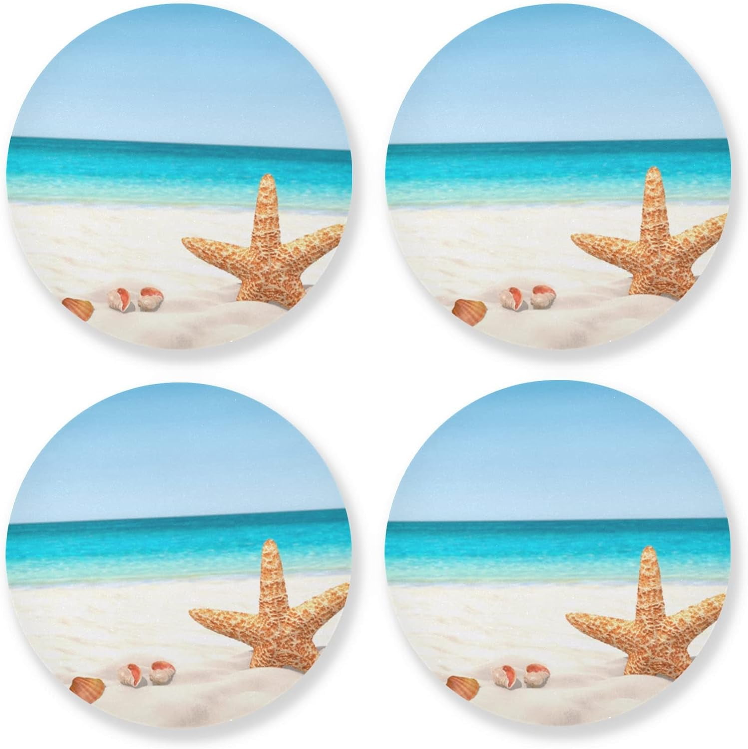Shells and Starfish on A Sandy Beach Drinks Coasters, Non-Scratch Cork ...