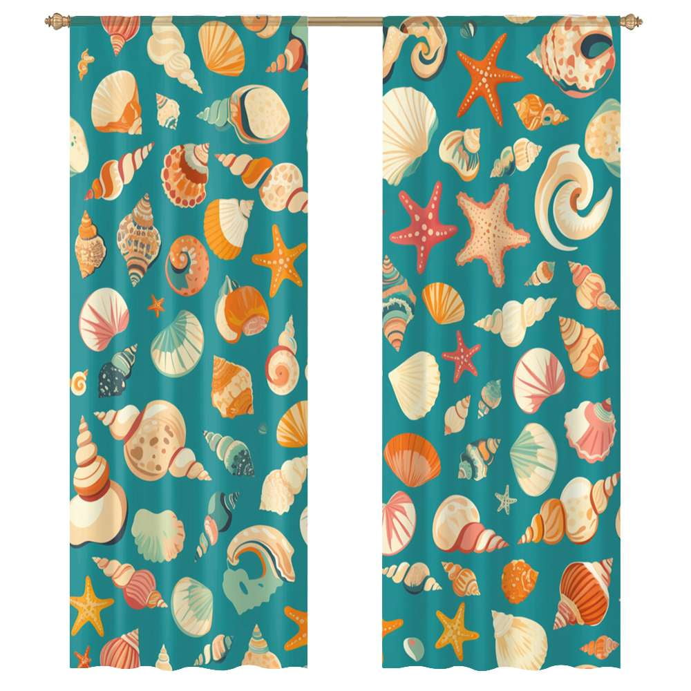 Shells Starfish Marine Pattern Sheer Voile Curtain Window Tulle ...
