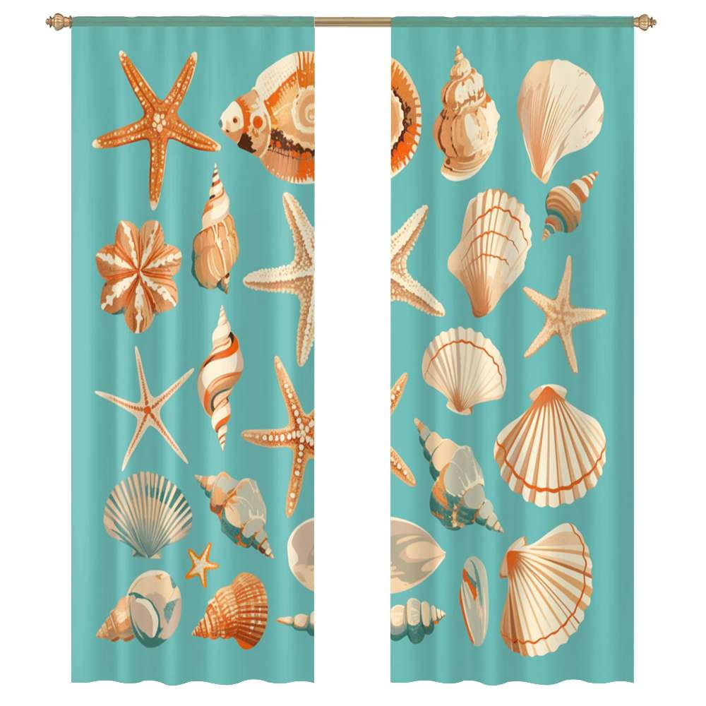 Shells Starfish Marine Pattern Sheer Voile Curtain Window Tulle ...