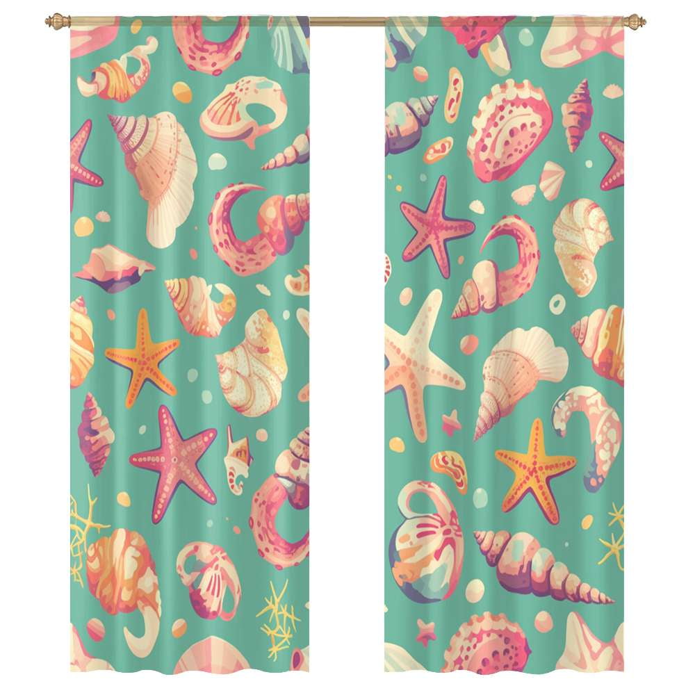 Shells Starfish Marine Pattern Tulle Curtains For Living Room Chiffon ...