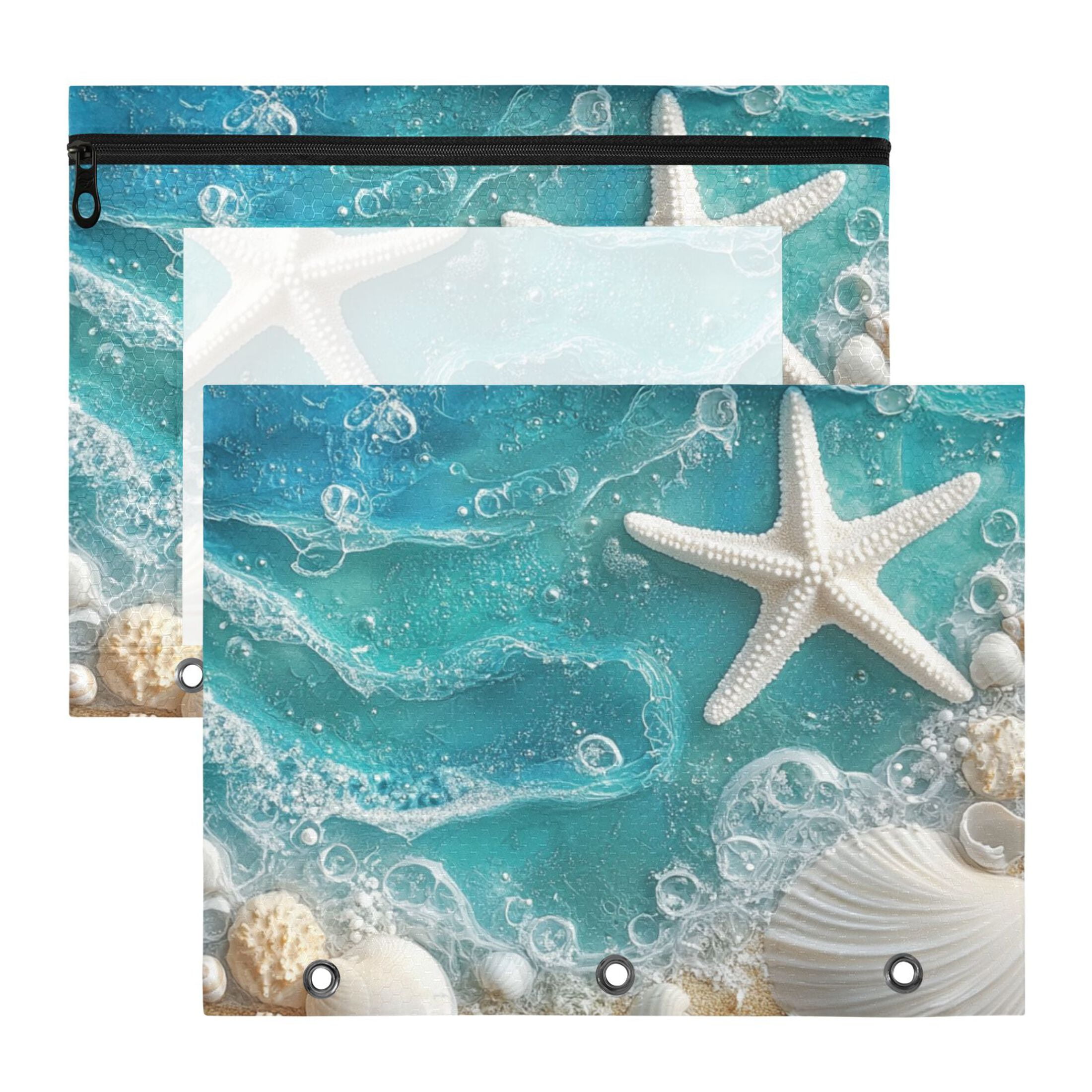 Shells Starfish on Beach Sea Wave 3-Ring Binder Pouches A4 Size Zipper ...