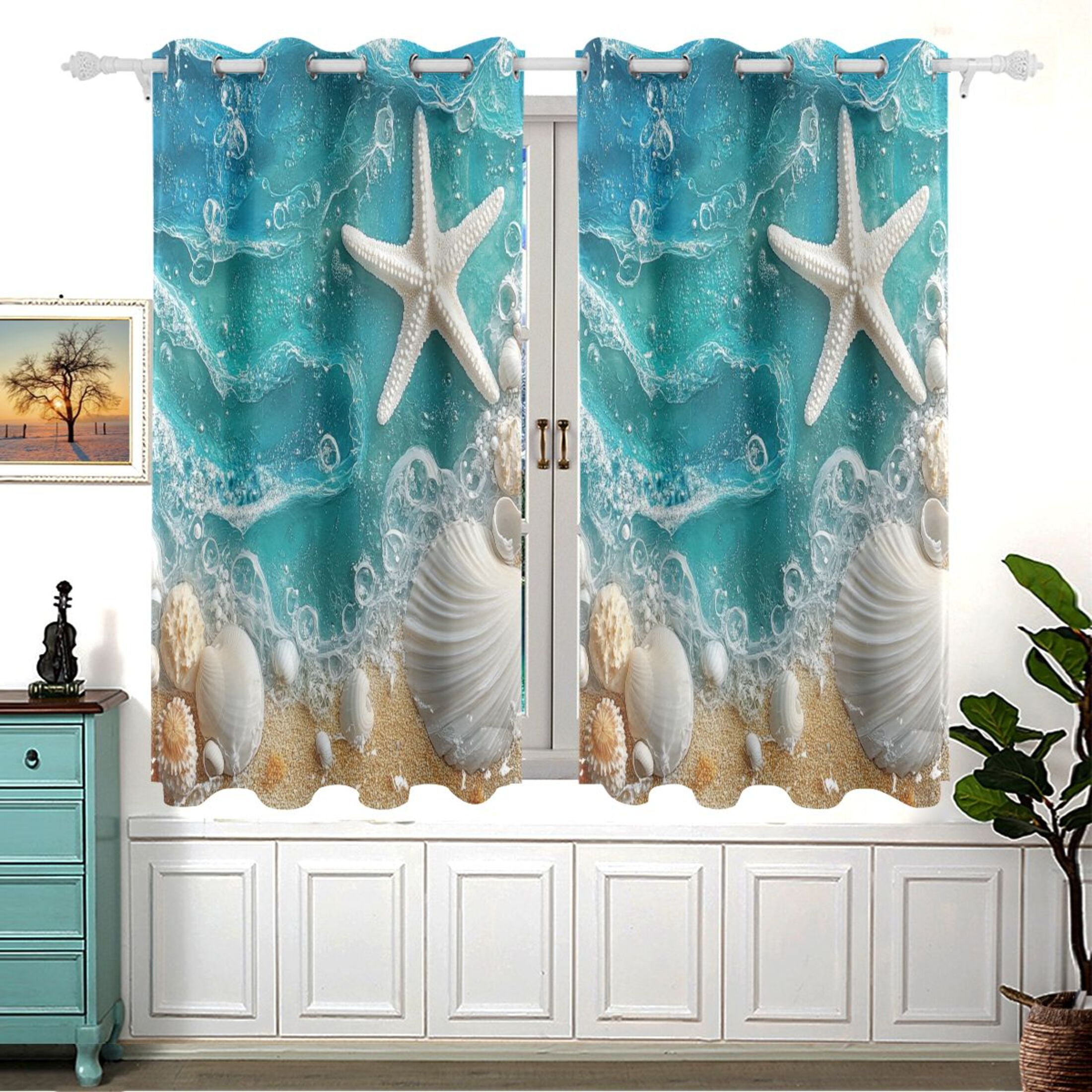 Shells Starfish on Beach Sea Wave Curtains Drapes with Grommets 2 ...