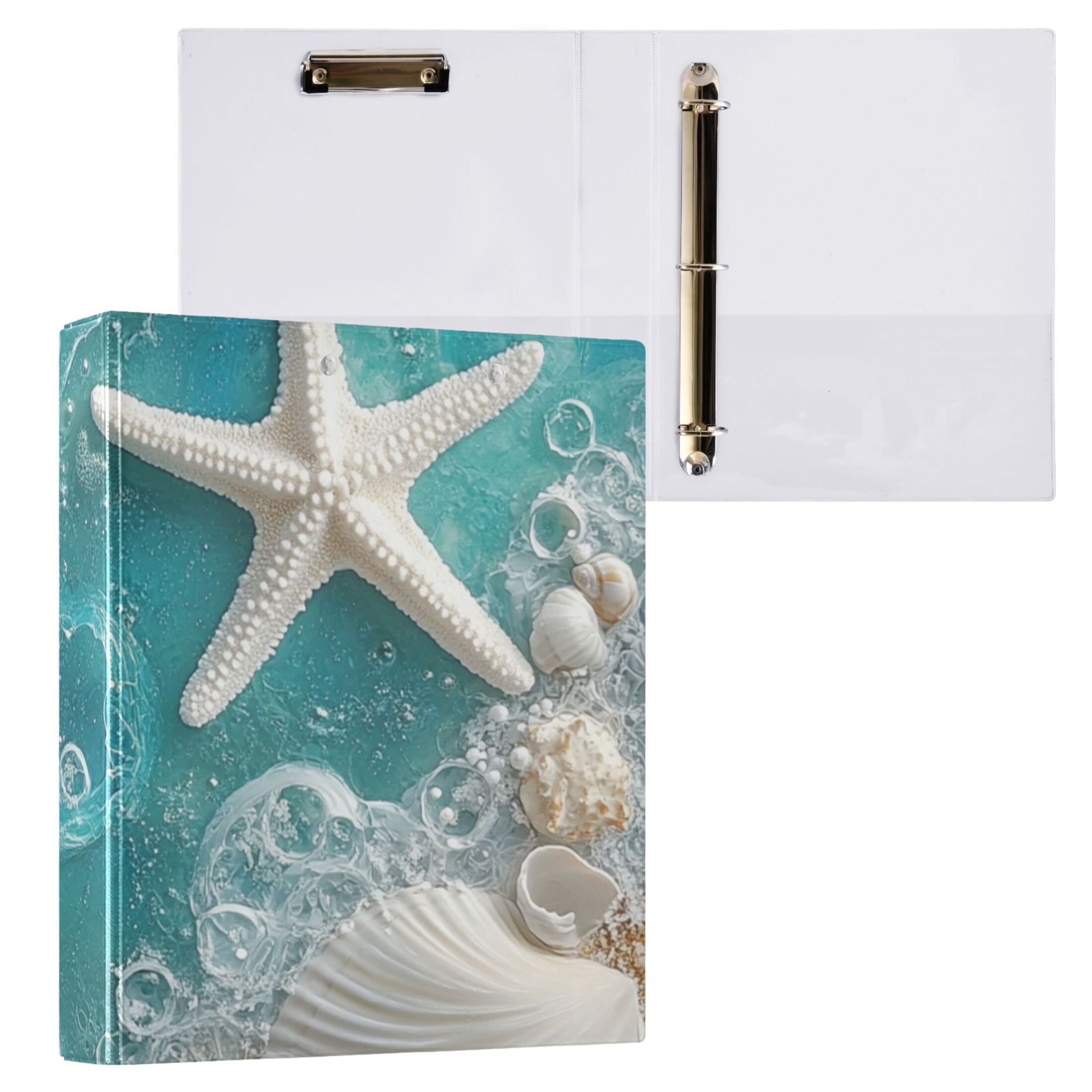 Shells Starfish on Beach Sea Wave Round Ring Binder 3 Rings 1.5 ...