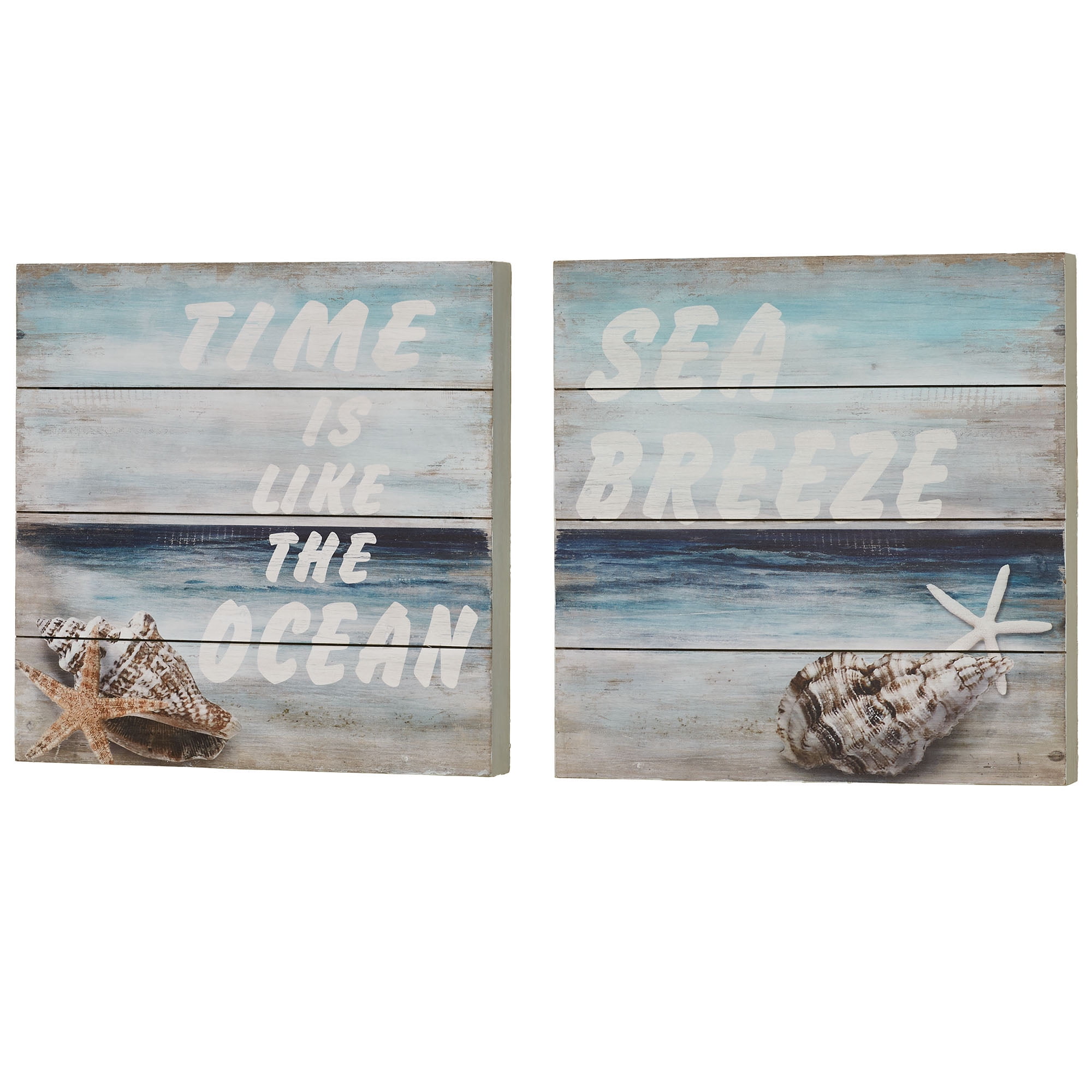 Shells on the Shore Coastal Wooden Wall Art Plaques Set Blue White ...