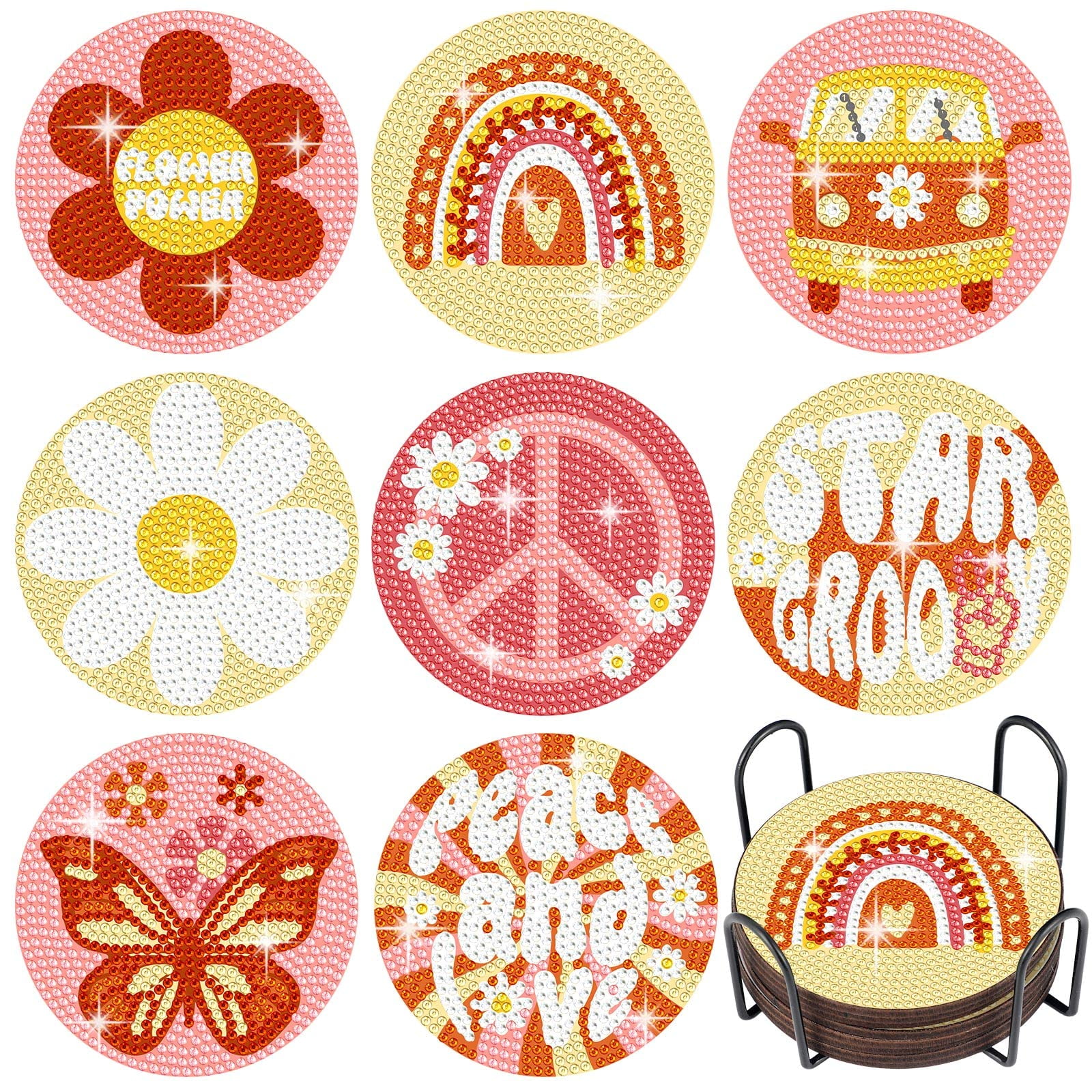 Shellwei 8 Pcs Boho Diamond Painting Art Coasters with Holder Groovy ...