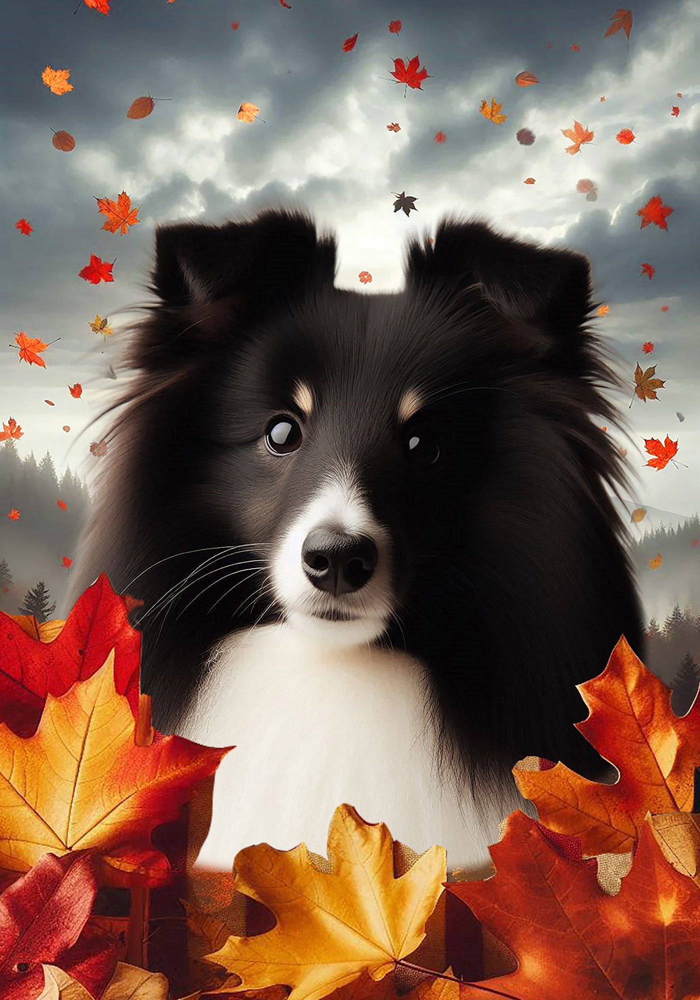 Sheltie Bi Black - Best of Breed Fall Leaves Outdoor House Flag 28" x ...