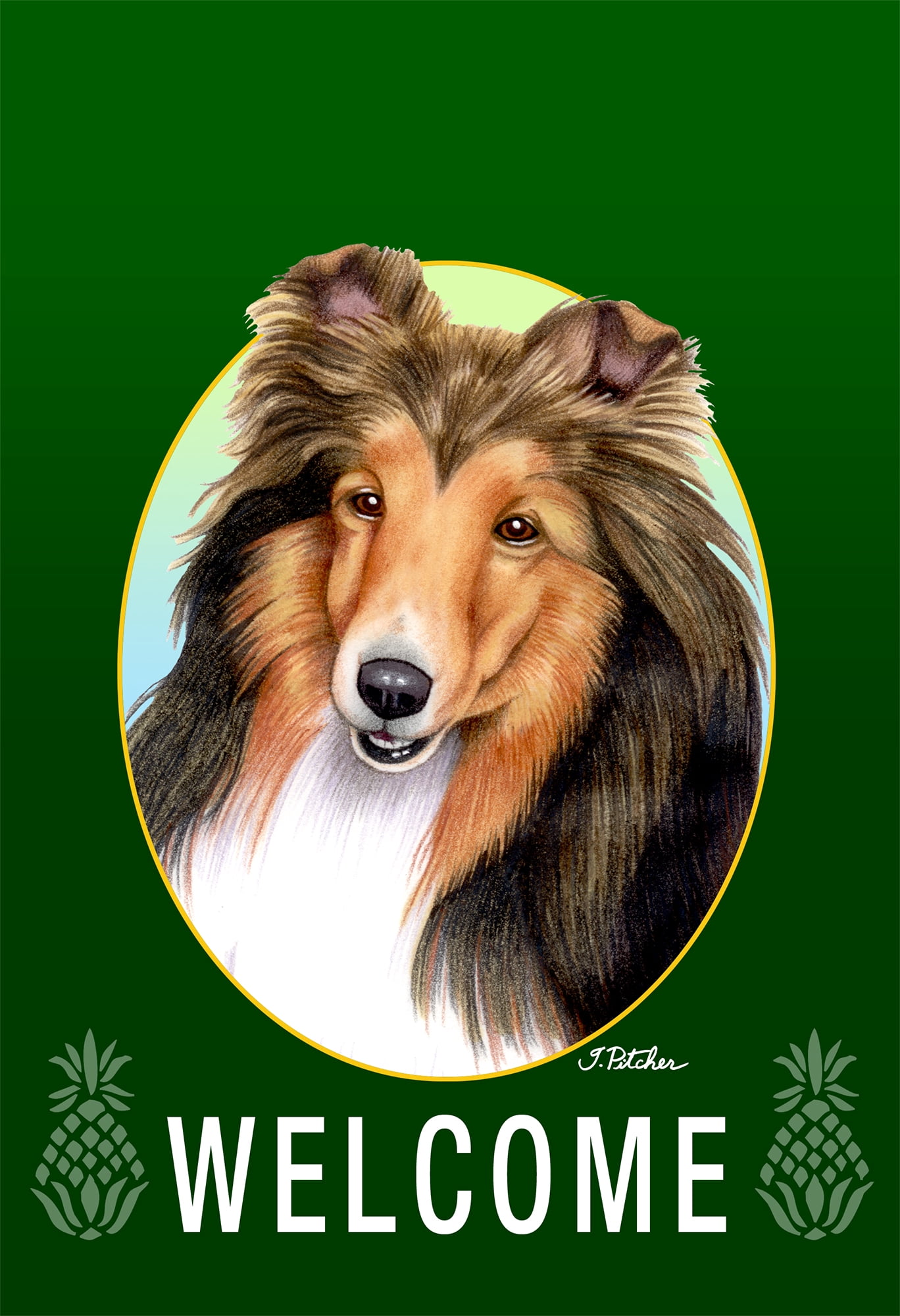 Sheltie Sable - Best of Breed Welcome Pineapples Garden Flags. Flag is ...