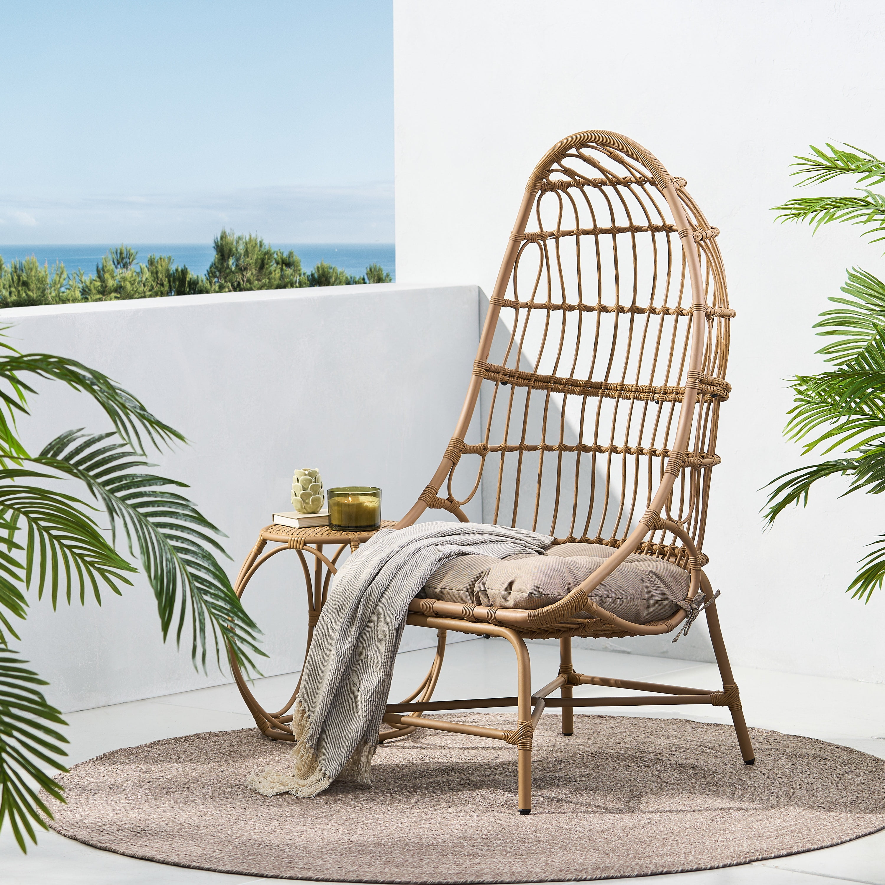 Shelton Wicker Outdoor Basket Chair with Cushion, Beige and Light Brown ...