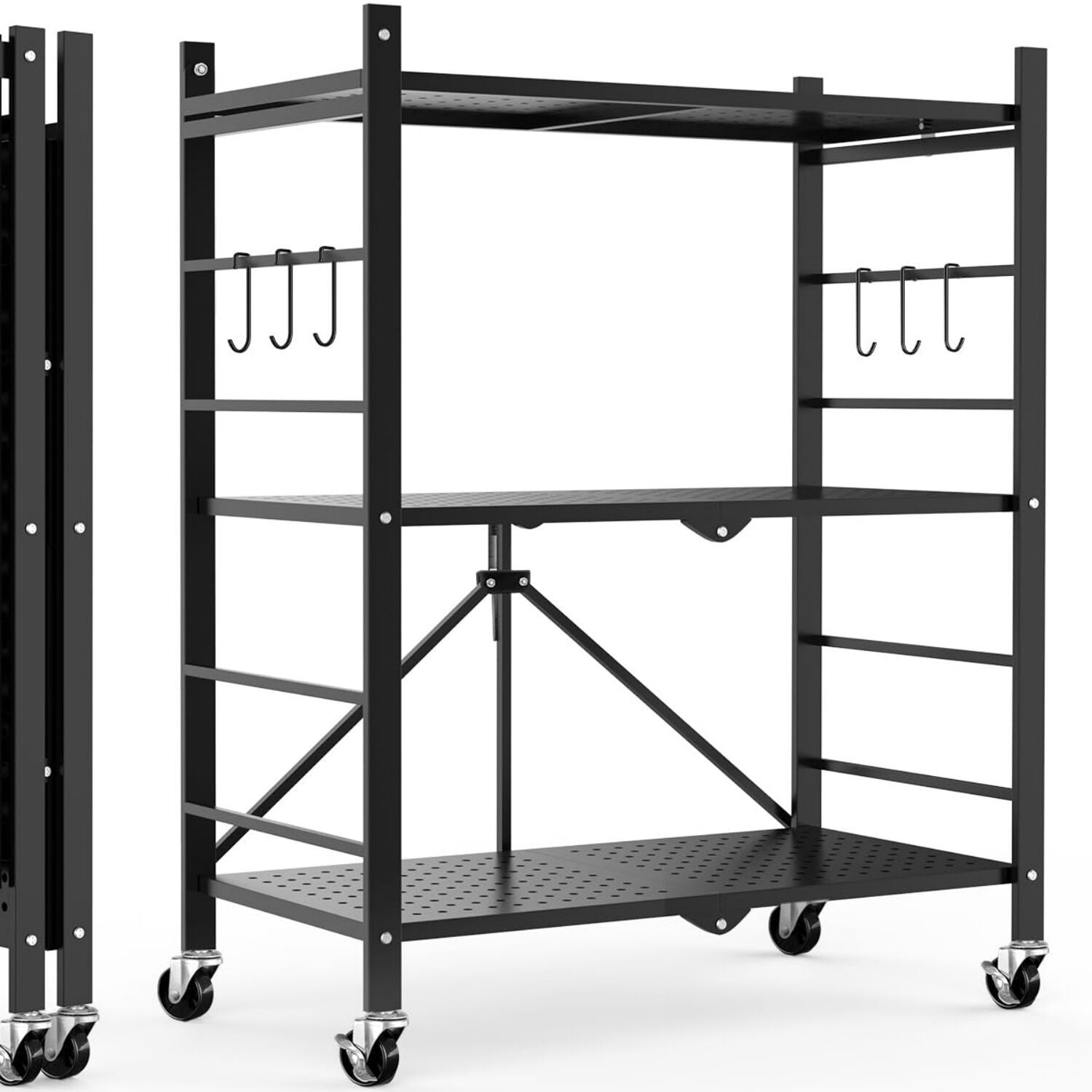 Shelves with 6 Hooks, 3 Tier Foldable Shelf with Wheels, Metal Storage ...