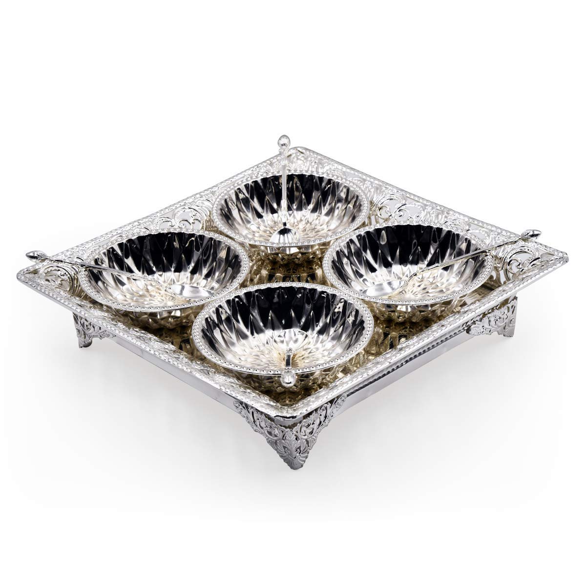 Shelzi Silver Plated Dry Fruit Bowl Set with Oval Tray Silver Bowl Set ...