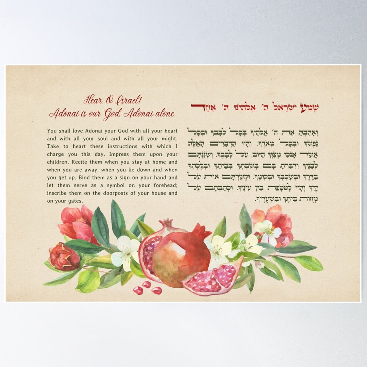 Shema Israel Hebrew English Jewish Prayer With Pomegranates Poster Wall ...
