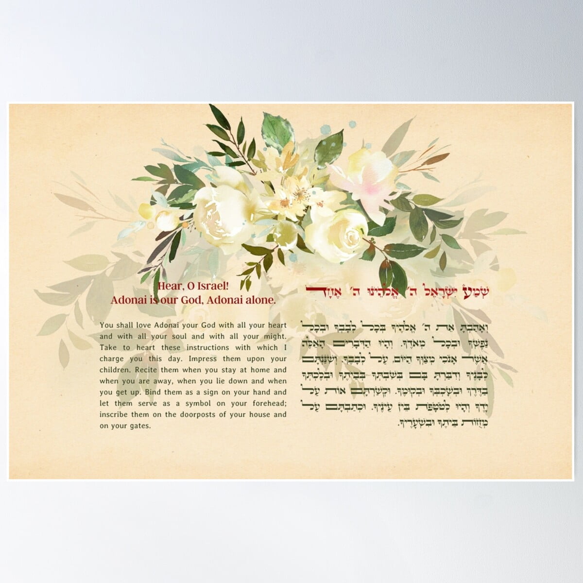 Shema Israel Hebrew English Jewish Prayer With Watercolor Flowers ...