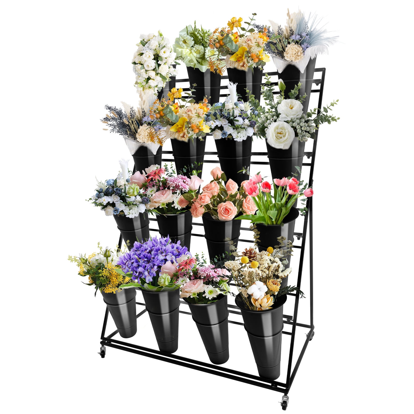 SHENCAIOU Metal Ramp Flower Display Stand, 4 Floors 16 Flowers Bucket ...