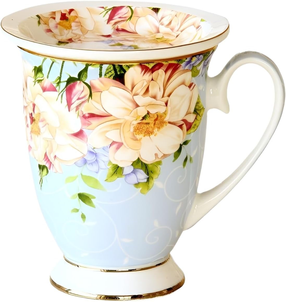 ShengRui Handcrafted Floral Ceramic Tea and Coffee Cup – Elegant Gold Trim, 300ml (02 Pink ...