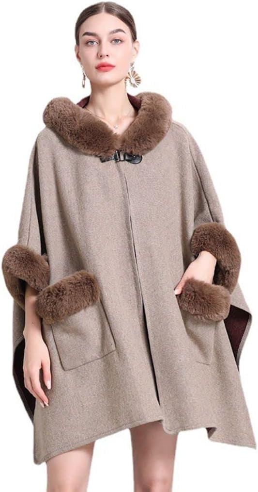 ShengRui Women's Luxury Batwing Sleeve Faux Fur Hooded Cloak Open Front ...