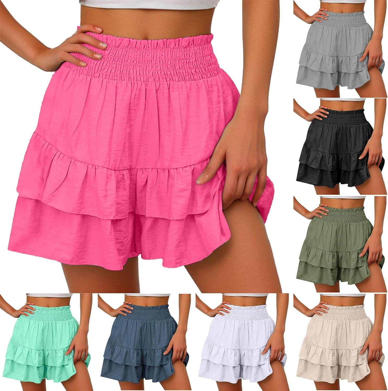 Shengrui Womens Smocked Ruffle Hem Mini Skirts With Shorts Underneath Summer High Waisted