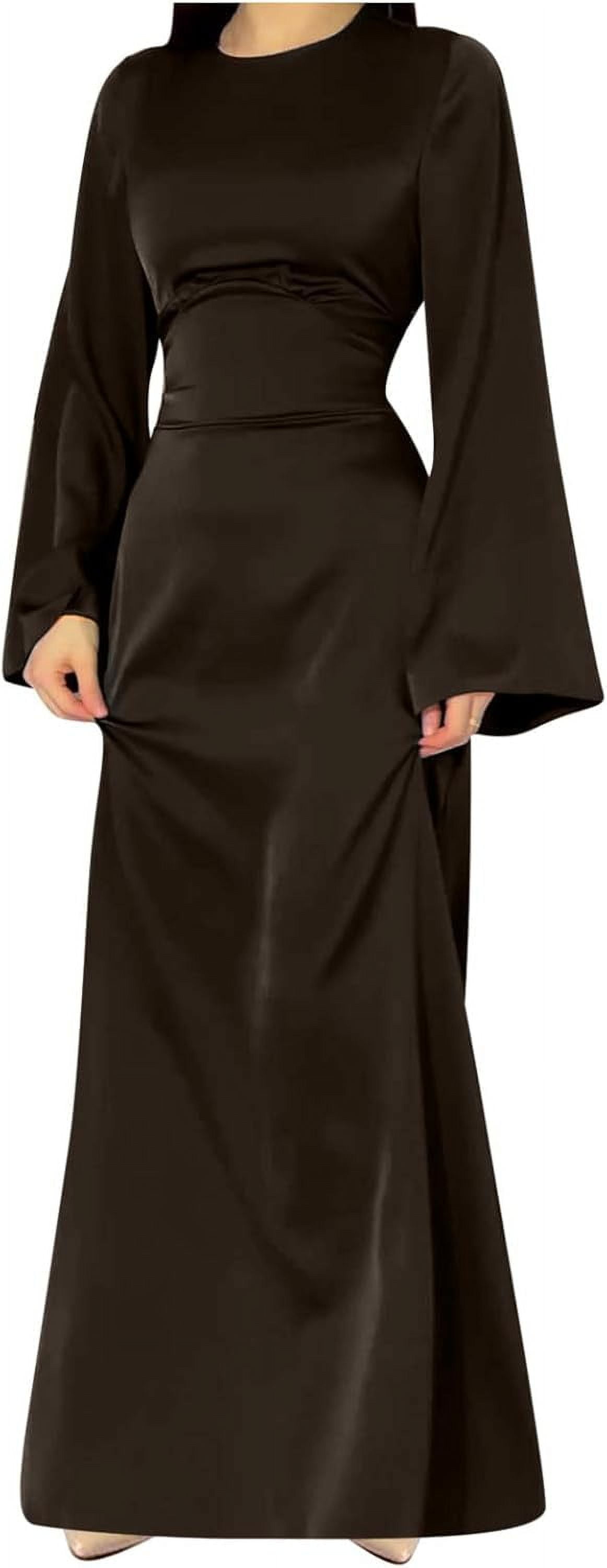 ShengRui Womens Elegant Satin Party Dress Bell Long Sleeve Cocktail Maxi Dress High Waisted ...