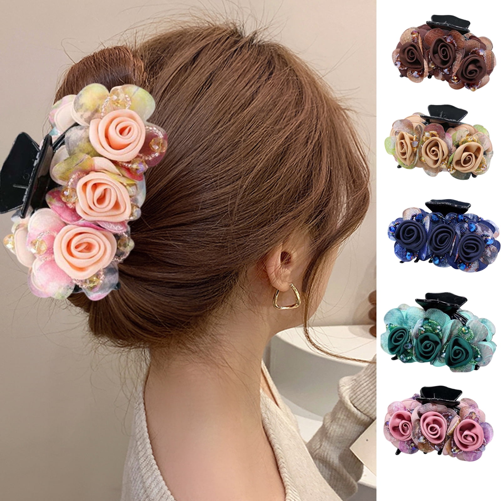 Shenmeida Large Flower Hair Claw Jaw Clips and Rose Flower Hair Claw ...