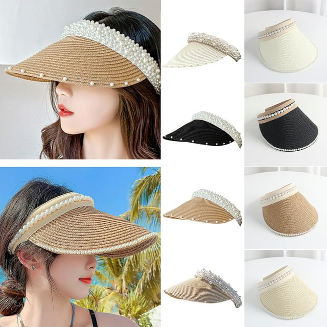 Shenmeida Sun Visors Hat Womens Beach Straw Hats Wide Brim Summer Sun UV Protection Visor Hat ...