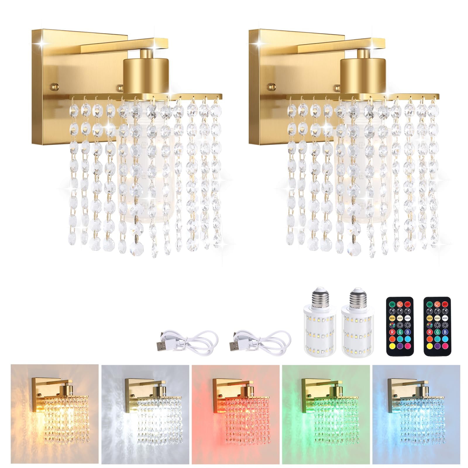 Shenmoyl Set of 2 Crystal Battery Operated Wall Sconce,Rechargeable ...