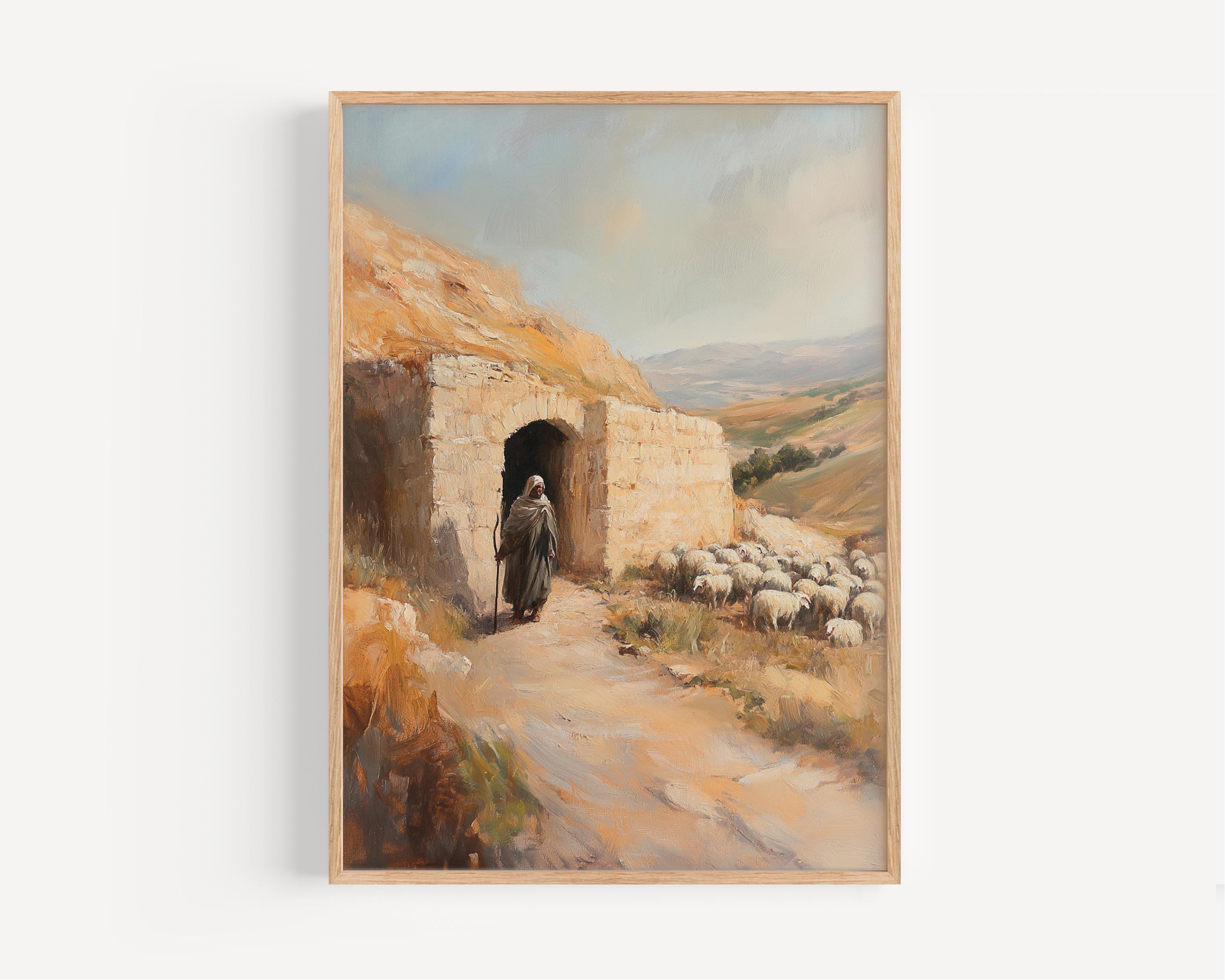 Shepherd At The Gate, The Good Shepherd, Biblical Landscape Art, Rustic ...