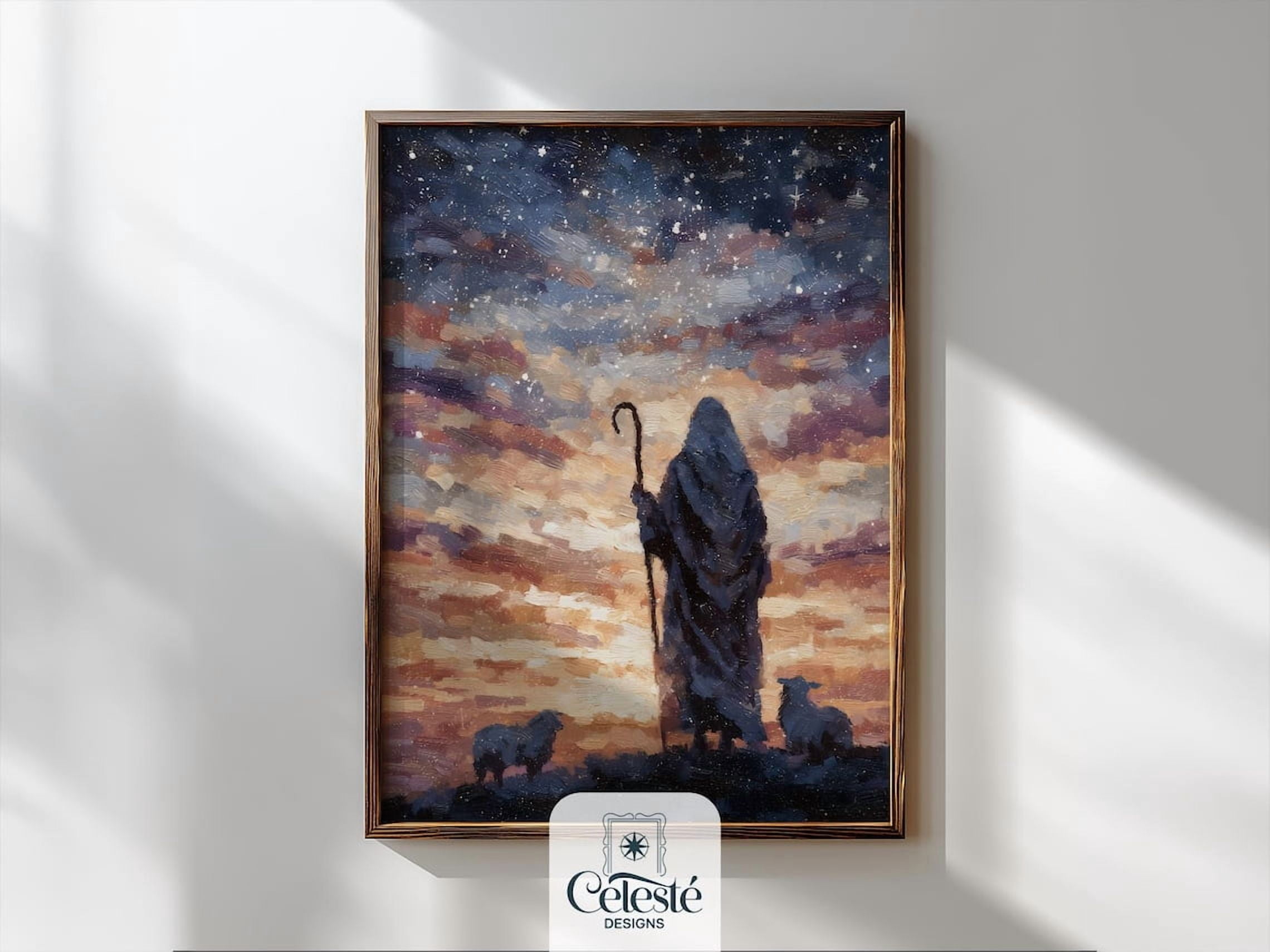 Shepherd Nativity Print, Starry Night Christian Wall Art Home Decor ...