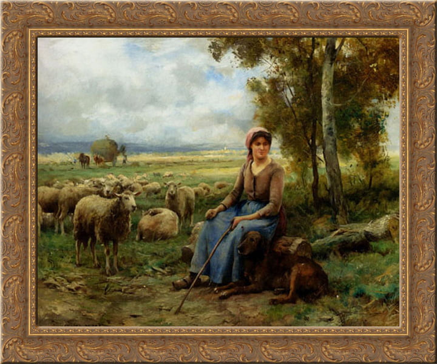 Shepherdess Watching Over Her Flock 23x20 Gold Ornate Wood Framed ...