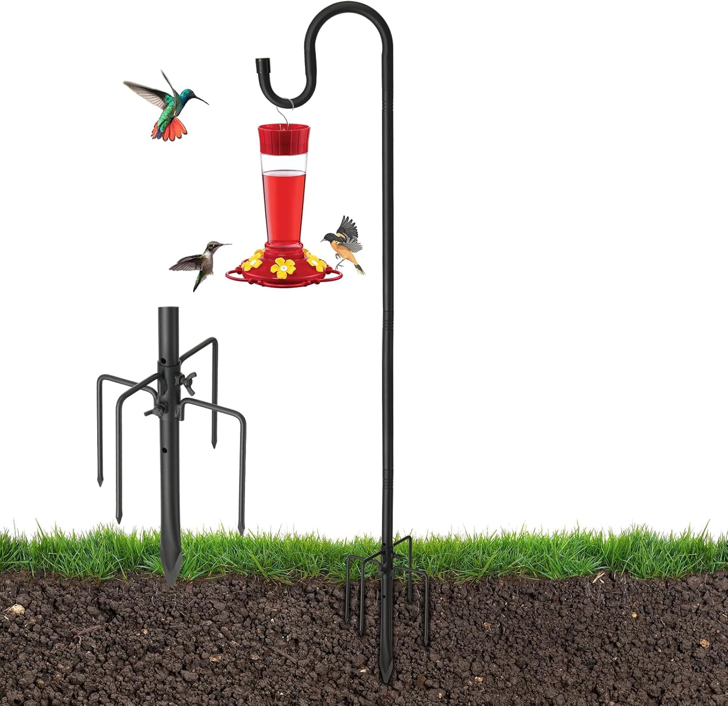 Shepherds Hook for Outdoor Bird Feeder Pole, 62" Plant Hanger with 5 ...